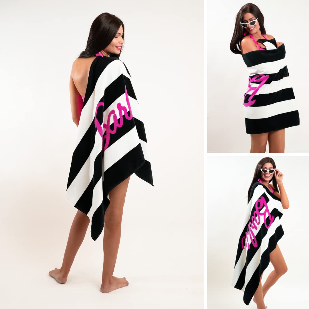 Franco Barbie Barbiecore Black & White Striped Soft Cotton Bath/Pool/Beach Towel, 60 in x 30 in, (Official Licensed Barbie Product)
