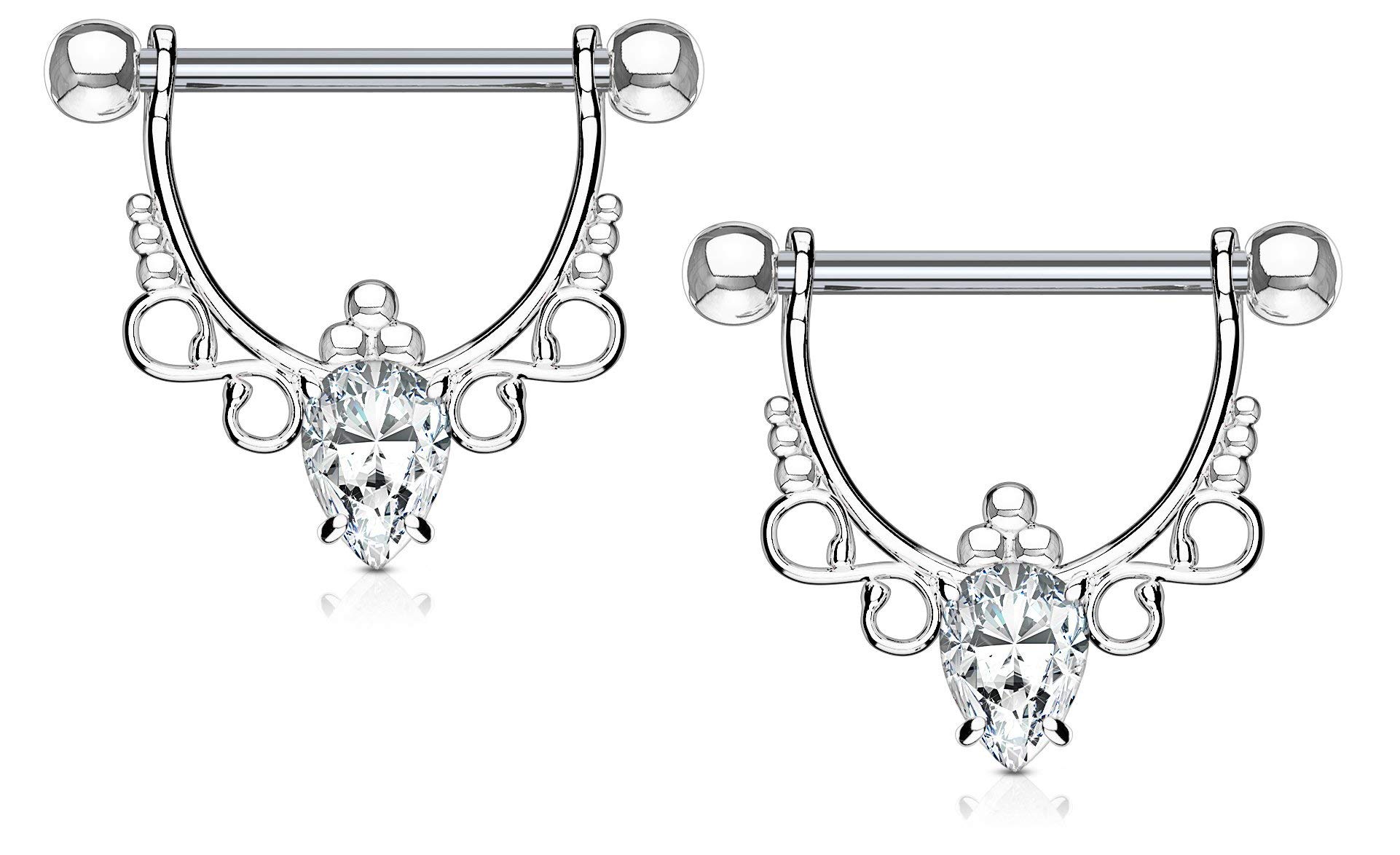 Forbidden Body Jewelry Pair of Surgical Steel 1/2 Inch D-Ring Style Fancy CZ Chandelier Dangle Nipple Barbells, Silver Tone