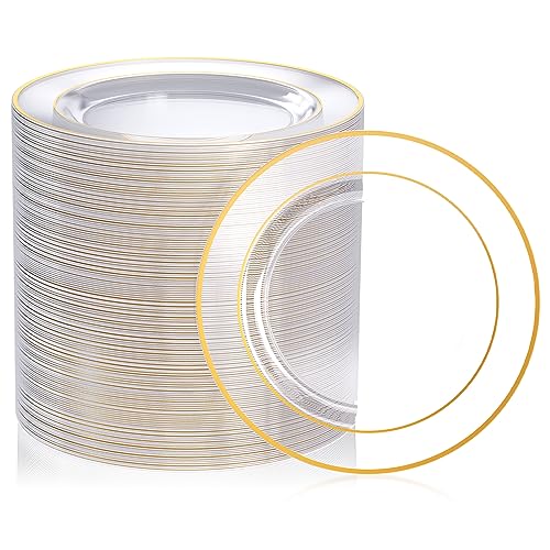 FOCUSLINE 100 Count Clear Gold Plastic Plates 7 Inch, Disposable Heavy Duty Clear Plates with Gold Rim, Premium Hard Plastic Plates Fancy Disposable Clear Salad Plates for Wedding Parties