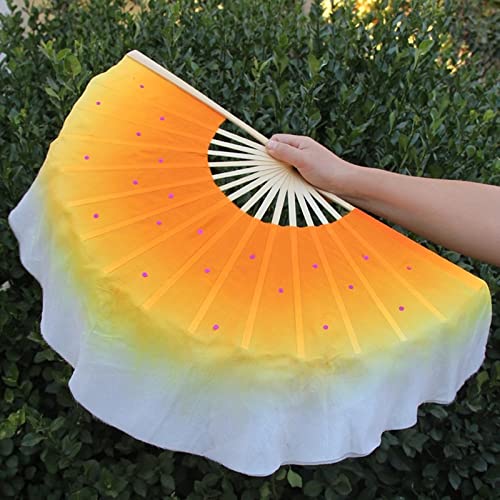 Folding Fan 2Pcs Chinese Short Bellydance Fan 30Cm Bamboo+10Cm Half Circle Silk Veil Pairs Yangko Dance Bamboo Fans Hand Dye Adults Fan (Blue Right Hand Only)