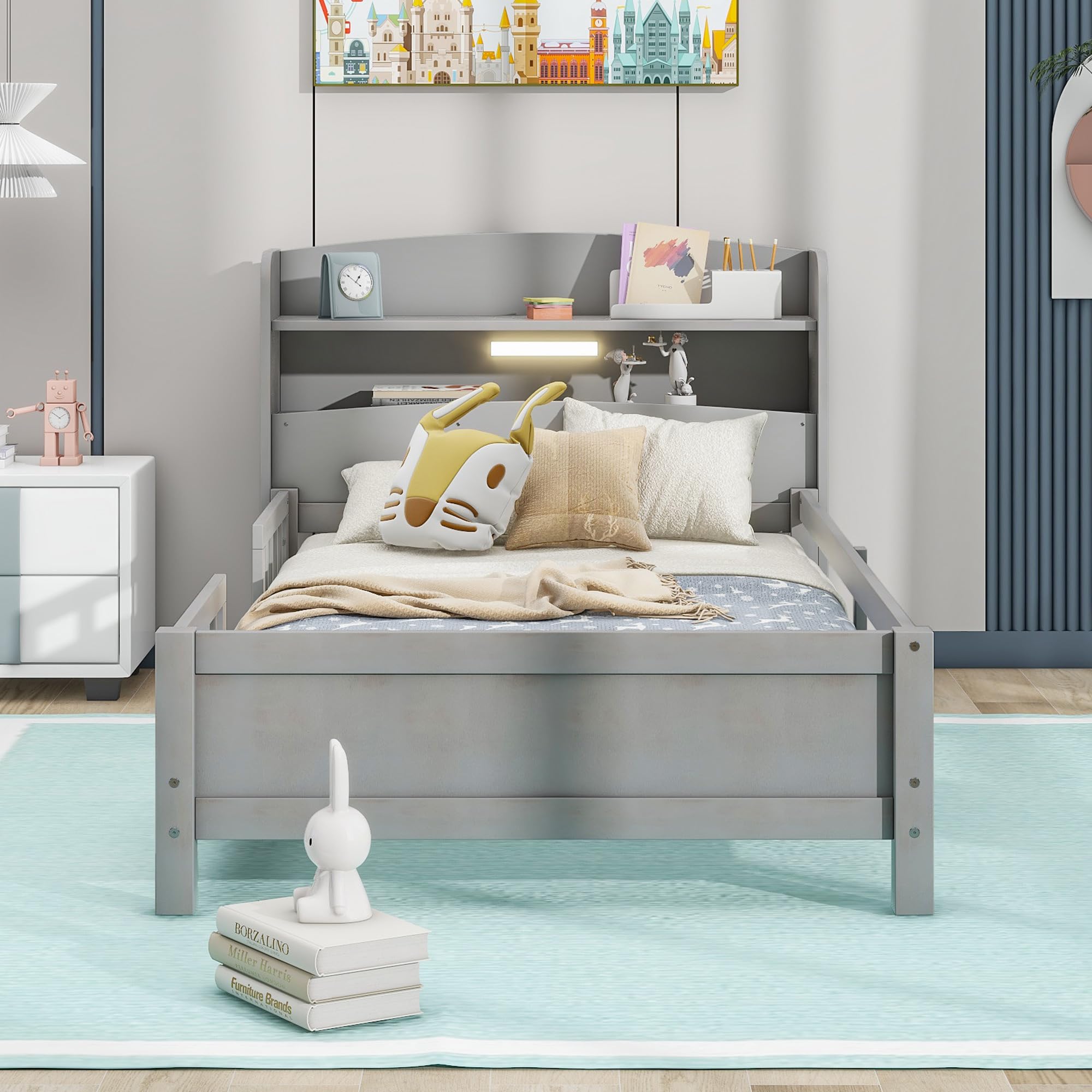 Fuhomtre Platform Bed with Storage Shelves,Built-in LED Light,No Box Spring Needed, Strong Frame and Wooden Slats Support,Easy Assembly