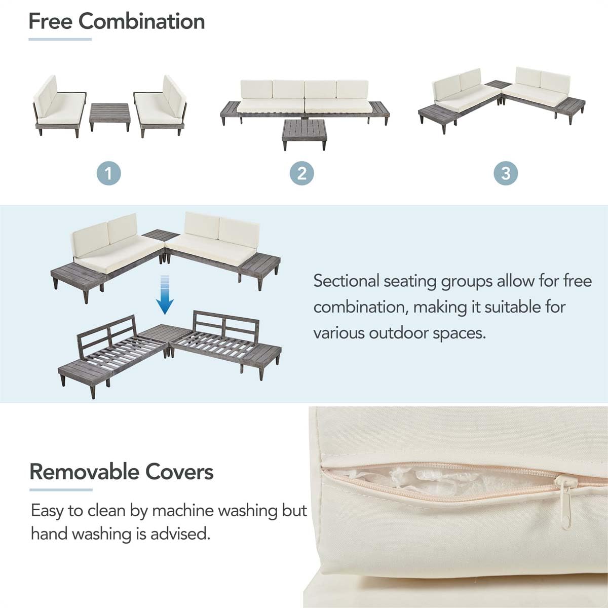 FOURBF 3-Piece Outdoor Patio Furniture Set Solid Wood Sectional Sofa Set with Coffee Table, Patio Conversation Set with Side Table and Cushions, Grey+Beige