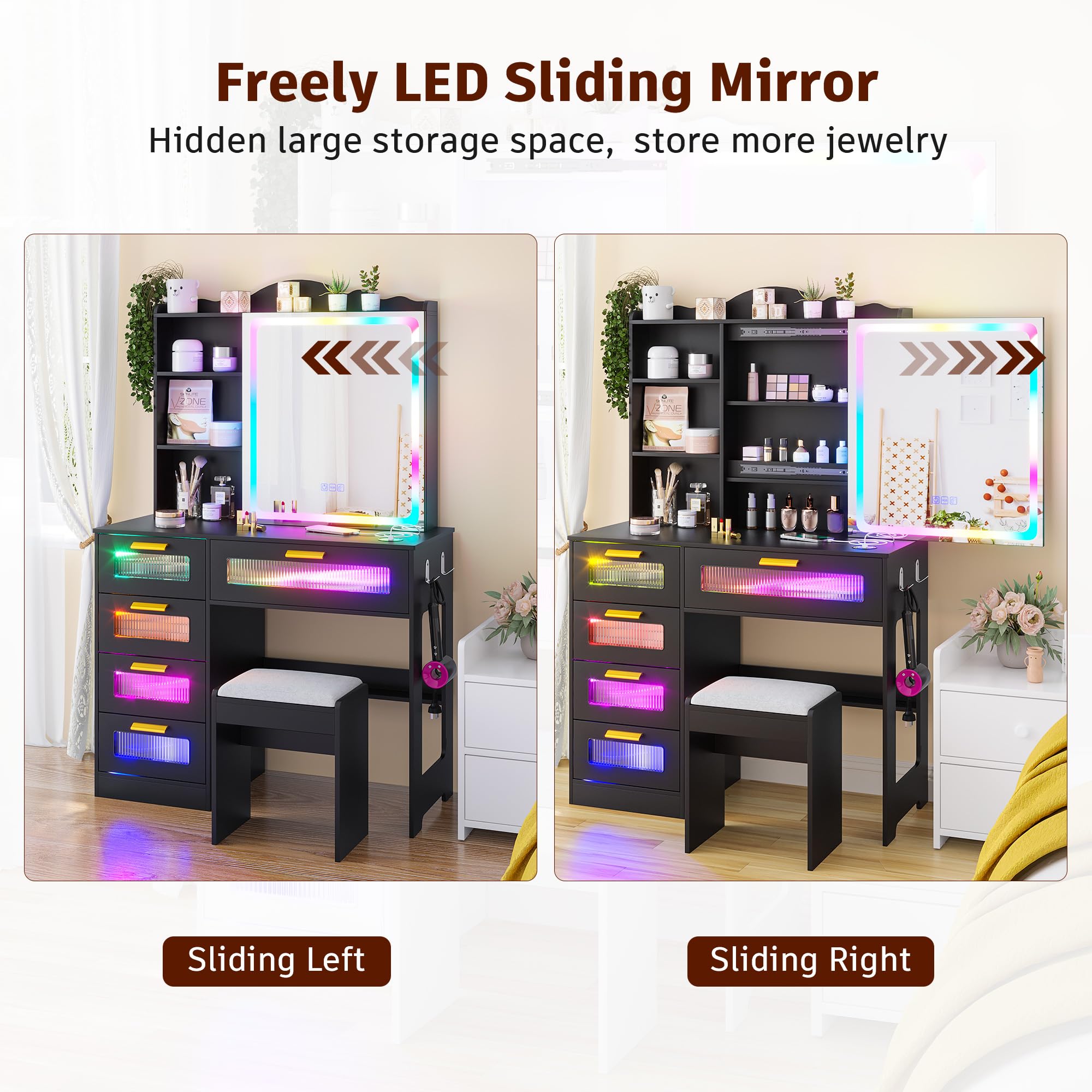 FOMNEY RGB LED Vanity Desk with Mirror and Lights, Makeup Vanity Desk with 3-in-1 Charging Station, Vanity Set with Stools&Sliding Mirror, Make UP Table with 5 Drawers (Black)