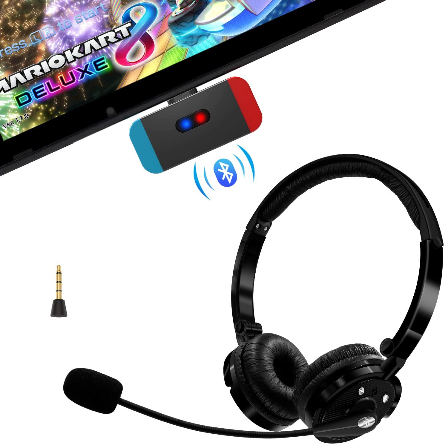 Friencity Wireless Gaming Headset w/Bluetooth Audio Transmitter Adapter set for Nintendo Switch, PC, PS4, PS5, Built-in mic, Support in-Game Voice Chat, Low Latency, Dual Headphones