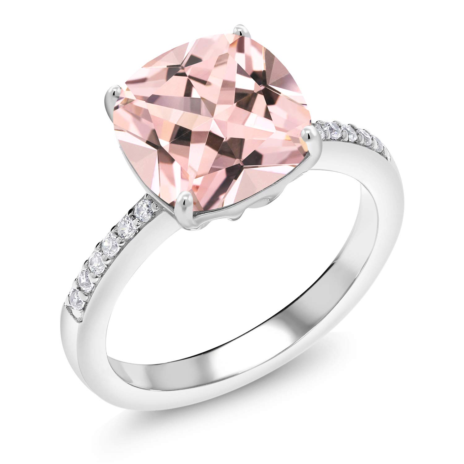Gem Stone King 925 Sterling Silver Peach Simulated Morganite Engagement Ring For Women (4.44 Cttw, Cushion 10MM, Available In Size 5, 6, 7, 8, 9)