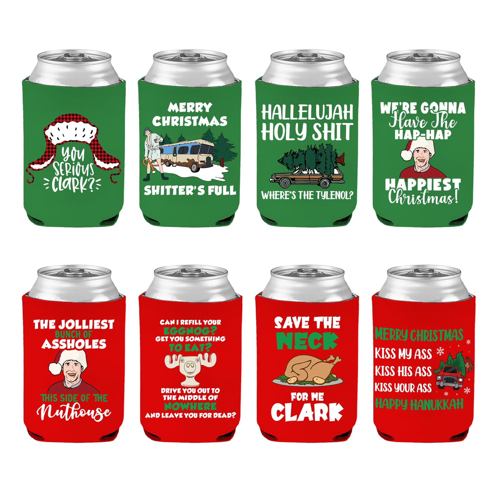 Funny Christmas Beer Can Covers, Christmas Vacation Merchandise Decorations, 8 Pcs Can Cooler Sleeves, 12 oz Reusable Can Coolers for Beverage Soda Drinks, Novelty Holiday Party Decor Supplies