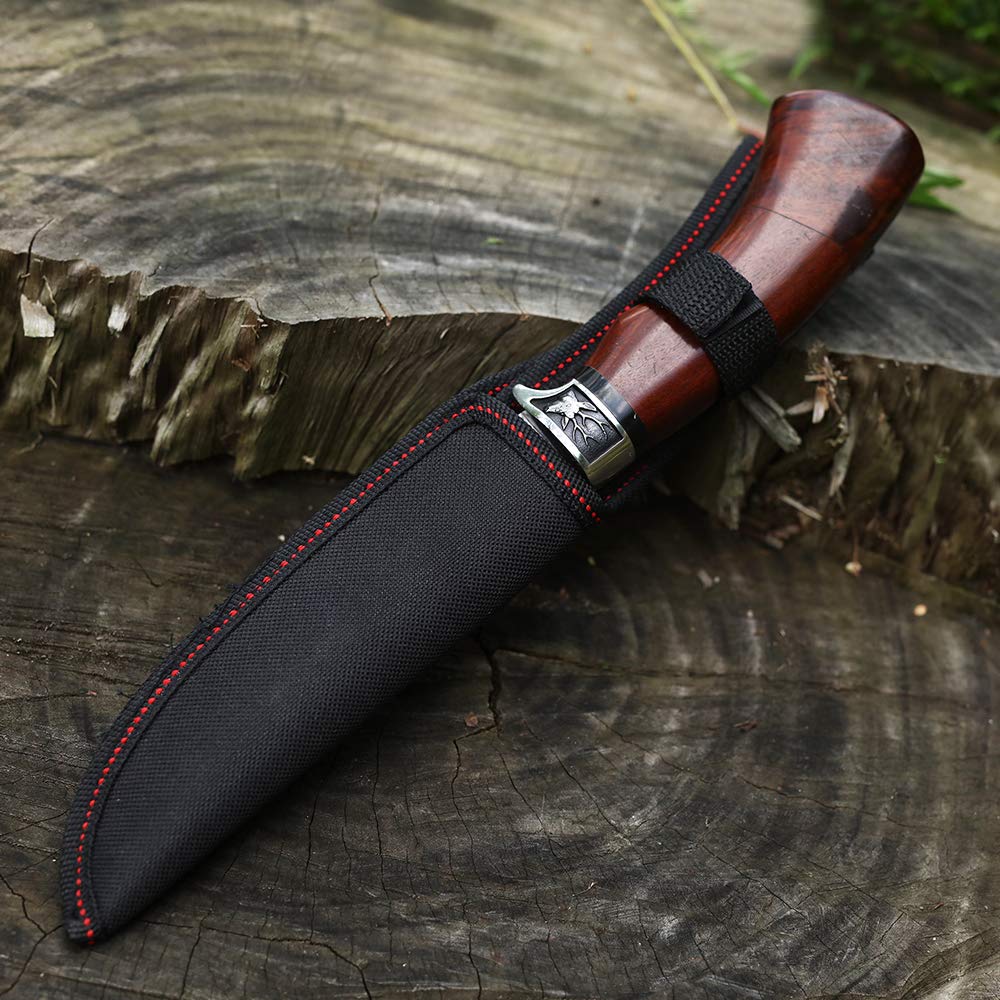 FU-GLBY 11" Fixed Blade Knife with leather sheaath classical embossed blade hunting knife wood handle Survival knife