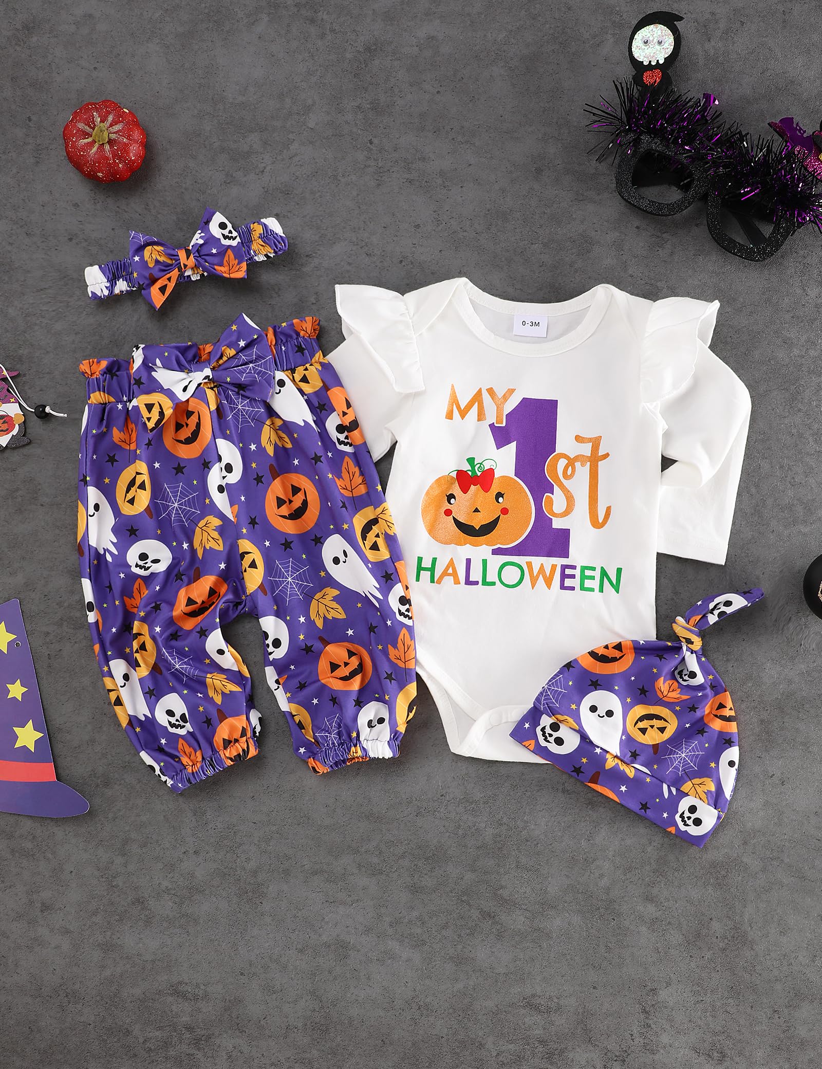 FoWear My First Halloween Baby Girl Outfit Ruffle White Romper and Long Pants Halloween Baby Clothes 9-12M