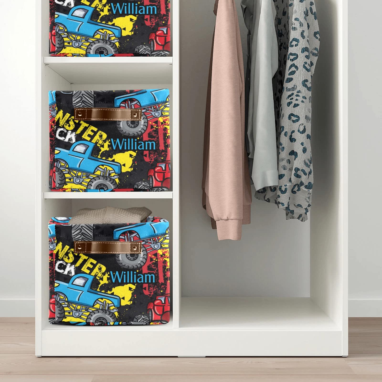 Monster Truck Personalized Storage Bins,Foldable Baskets Organizer with Handle for Nursery Pet Toy Clothes Box 1 Pack