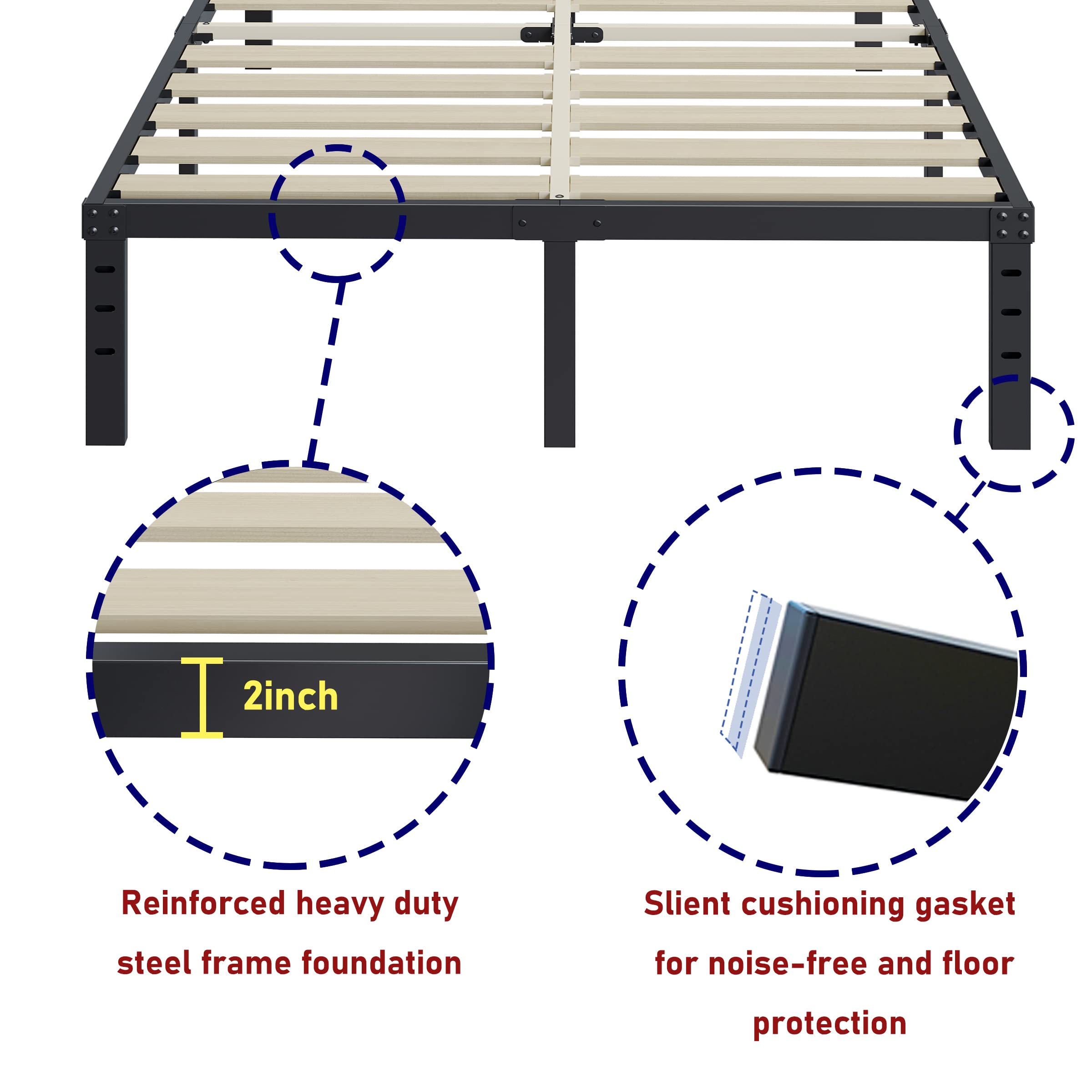ZIYOO Full Size Bed Frame, 18 Inches Tall, 3 Inches Wide Wood Slats with 3500 Pounds Support for Foam Mattress, No Box Spring Needed, Heavy Duty Metal Platform, Easy Assembly, Noise Free
