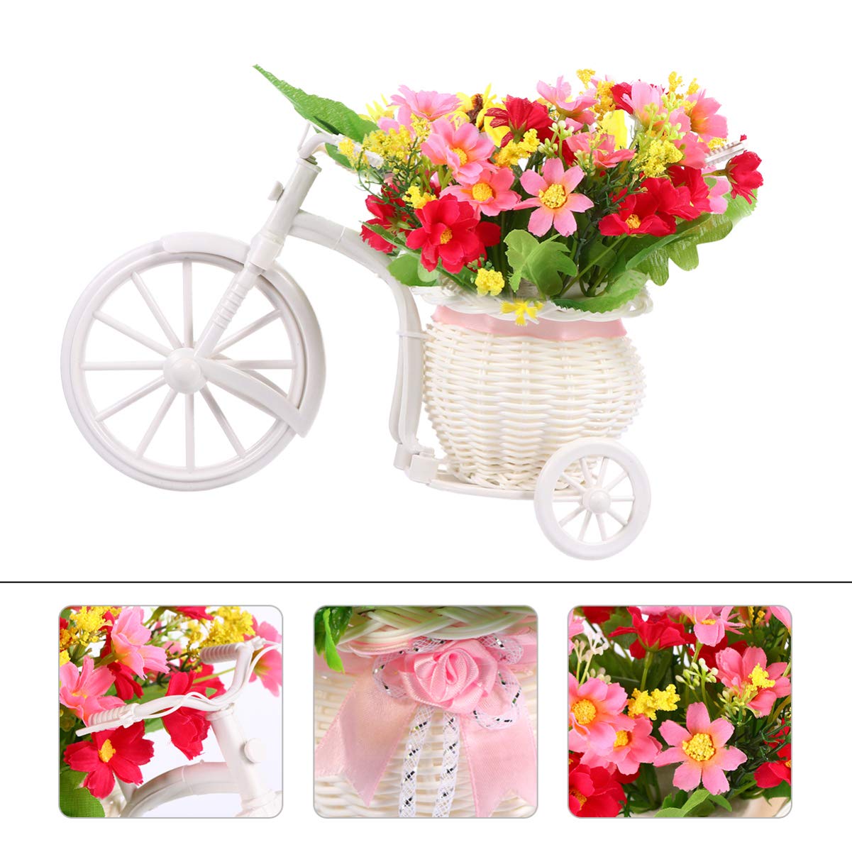 Garneck Artificial Daisy Flower Garden Silk Flower Baskets Bike Stand Mini Nostalgic Planter Bicycle for Home Wedding Decoration