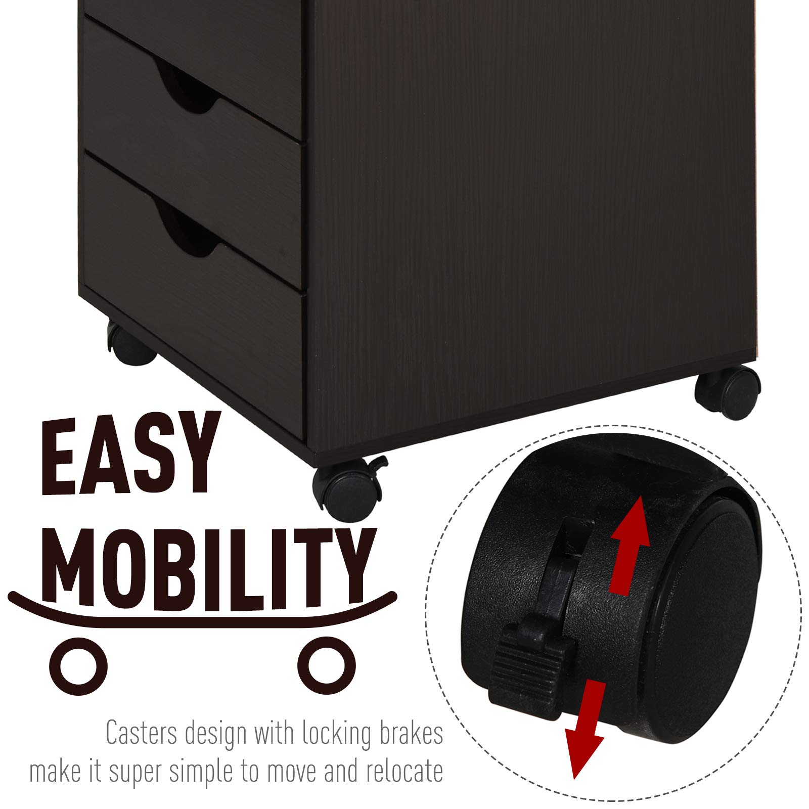 HOMCOM 5 Drawer Storage Organizer Office Cabinet with Nordic Minimalist Modern Style & Wheels, Brown