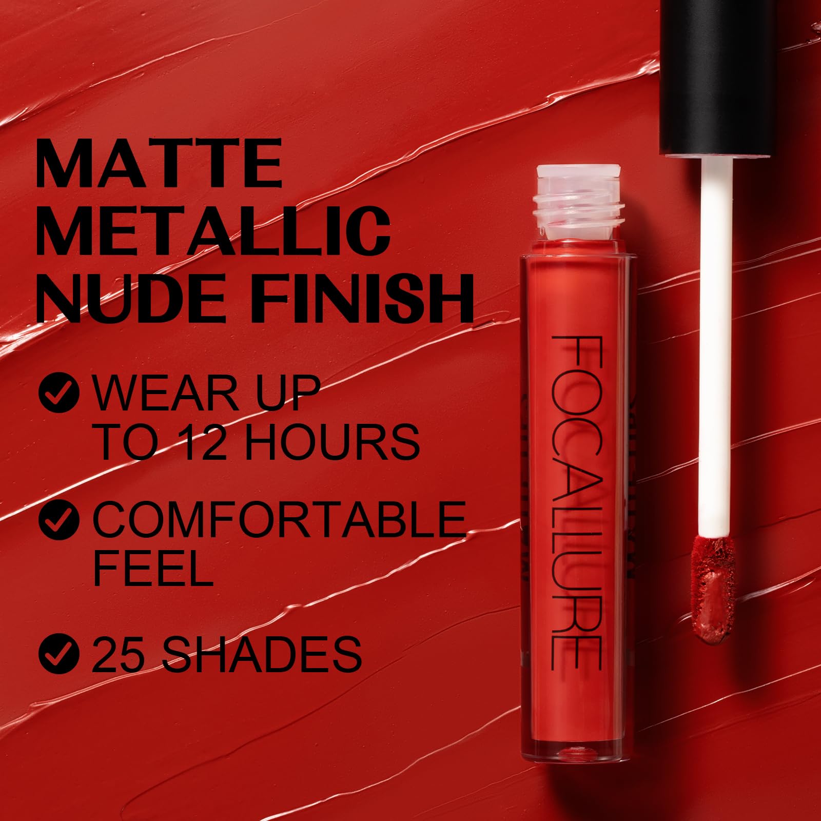 FOCALLURE Metallic Lip Gloss,Long Lasting Waterproof Liquid Lipstick,Highly Pigmented Not Stick Cup Lip Color,Diamond Shimmer Makeup for Women,ROSE