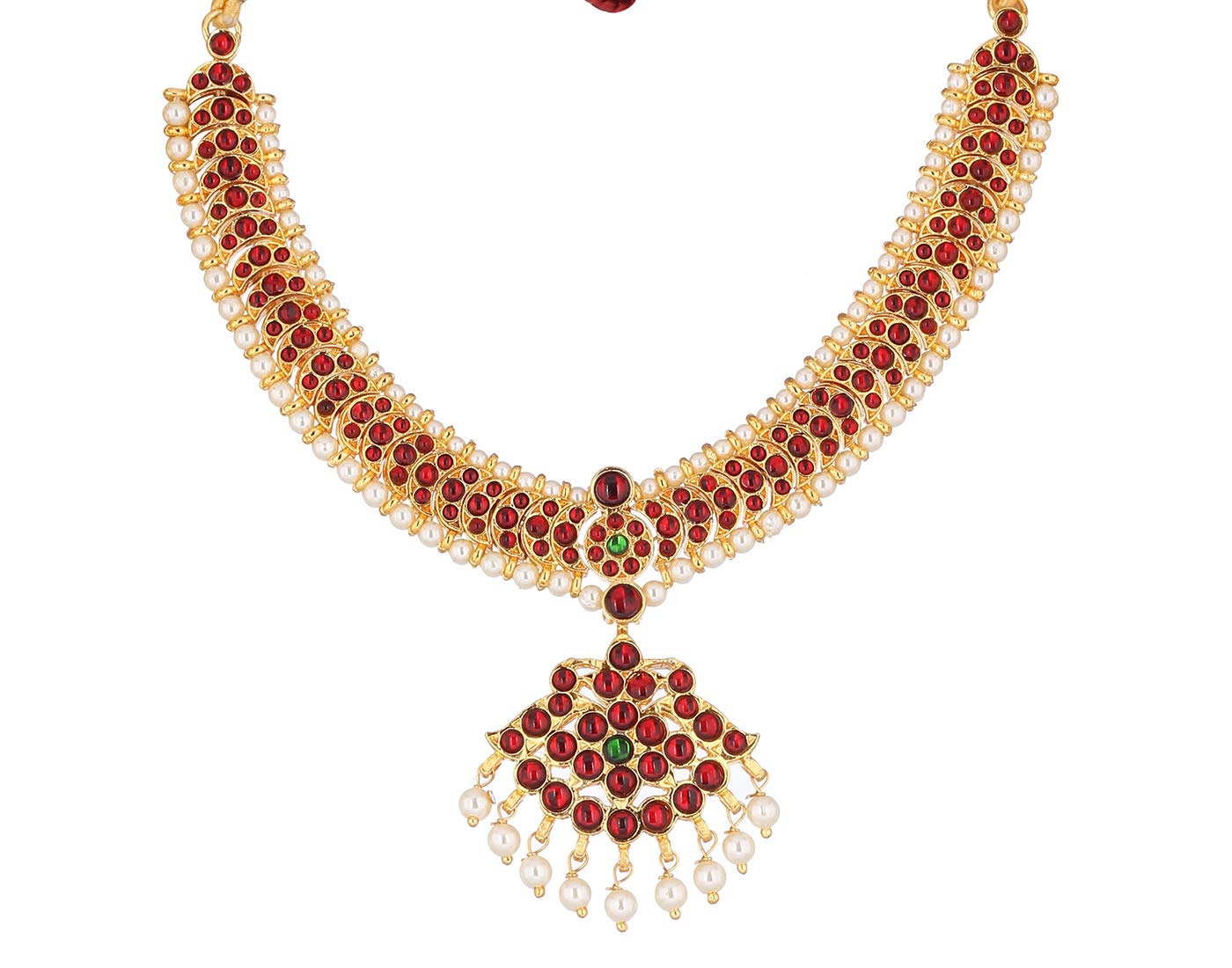 Fashionatelier 3 Line Long Pearl Haram with Pendant and Short Necklace with Earrings