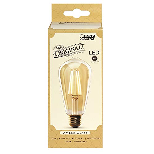Feit Electric Vintage Exposed Filament Amber Glass LED ST19 with a Medium E26 Base Light Bulb - 60W Equivalent - 10 Year Life - 400 Lumen - 2100K Soft White - Dimmable | Original Vintage