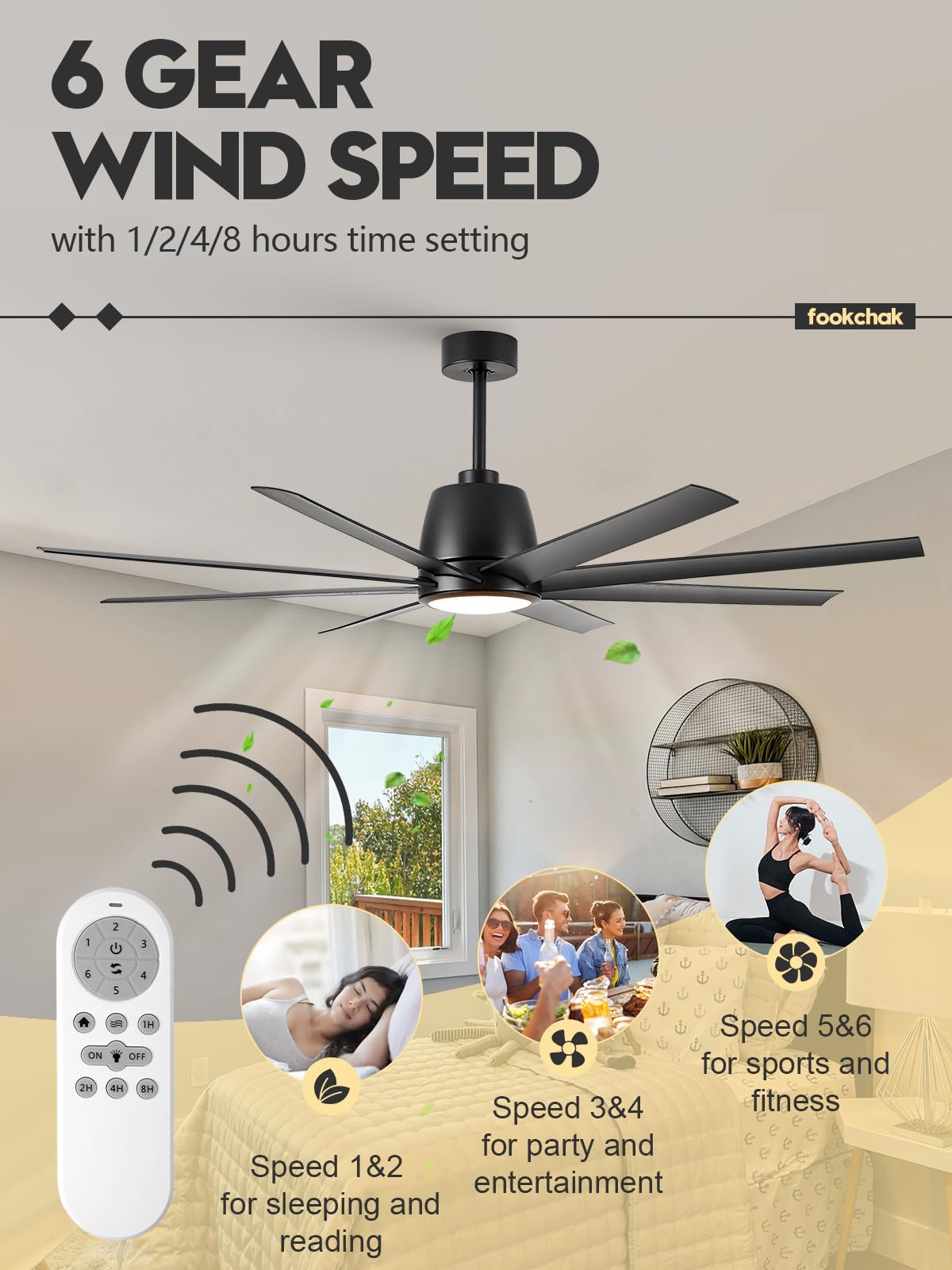 FookChak 65in Black Large Ceiling Fan with Lights 8-Blade Remote Control Outdoor Fan Light for Patio Large LED Ceiling Fan Light for Garage Gym Room Living Room