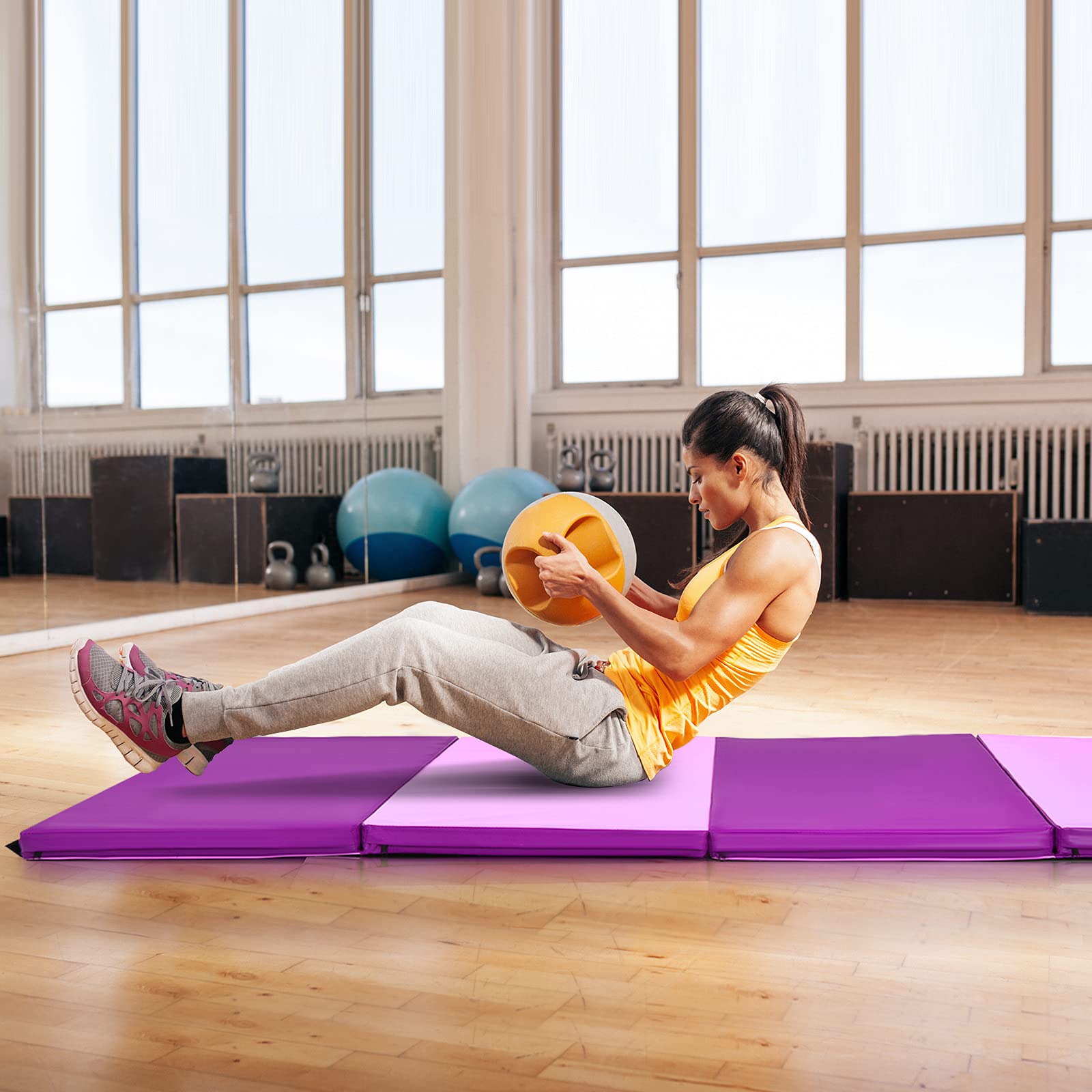 Giantex 4' x 8' x 2" Folding Gymnastics Mat, Gym Exercise Pad with Carrying Handles, Hook and Loop Fastener, 4 Panel Tumbling Mat for Yoga, Stretching, Workouts (Pink/Purple)