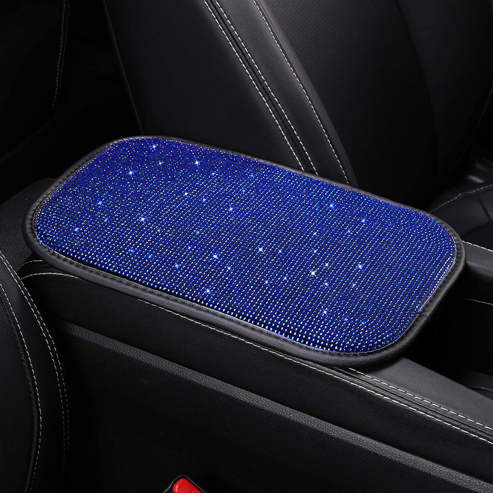 FUNOJOY Car Armrest Cover for Women Blue Diamond Rhinestone Bling Car Accessories Car Decor for Women