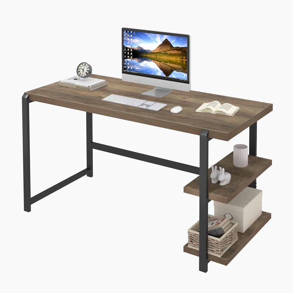 FOLUBAN Computer Desk, Home Office Desk with 2 Storage Shelves on Left or Right, Modern Study Writing Table, Oak 55 inch