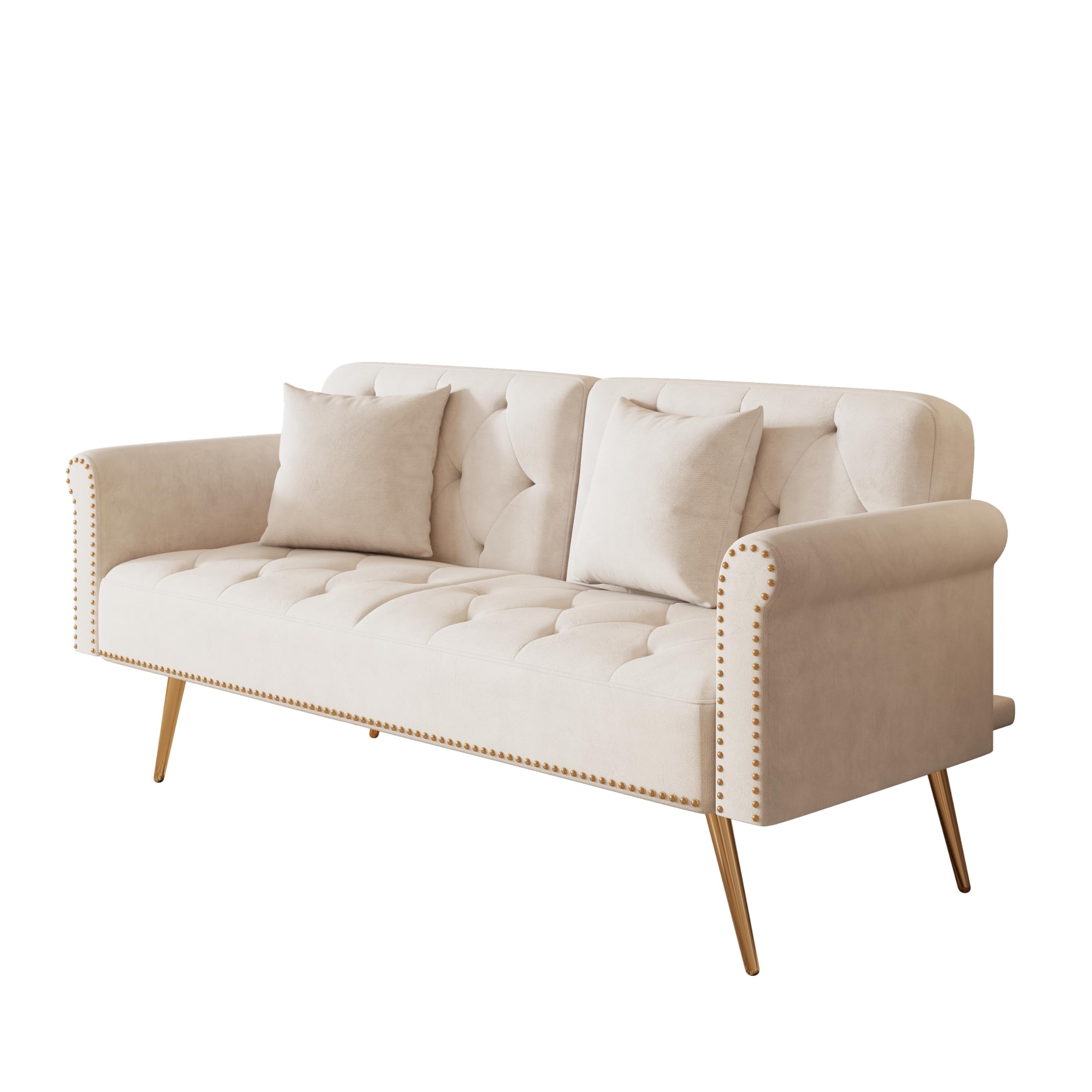 FIQHOME 69.7" Futon,Convertible Folding Bed Couches with 3 Adjustable Backrests,Velvet Nail Head Reversible Sleeper Sectional Sofa with Throw Pillow,for Living Room Apartment,Beige