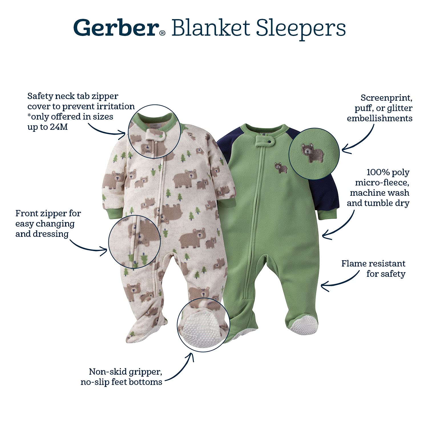 Gerber Baby Girls' Flame Resistant Fleece Footed Pajamas 2-Pack, Pink Zoo & Zebra, 3-6 Months