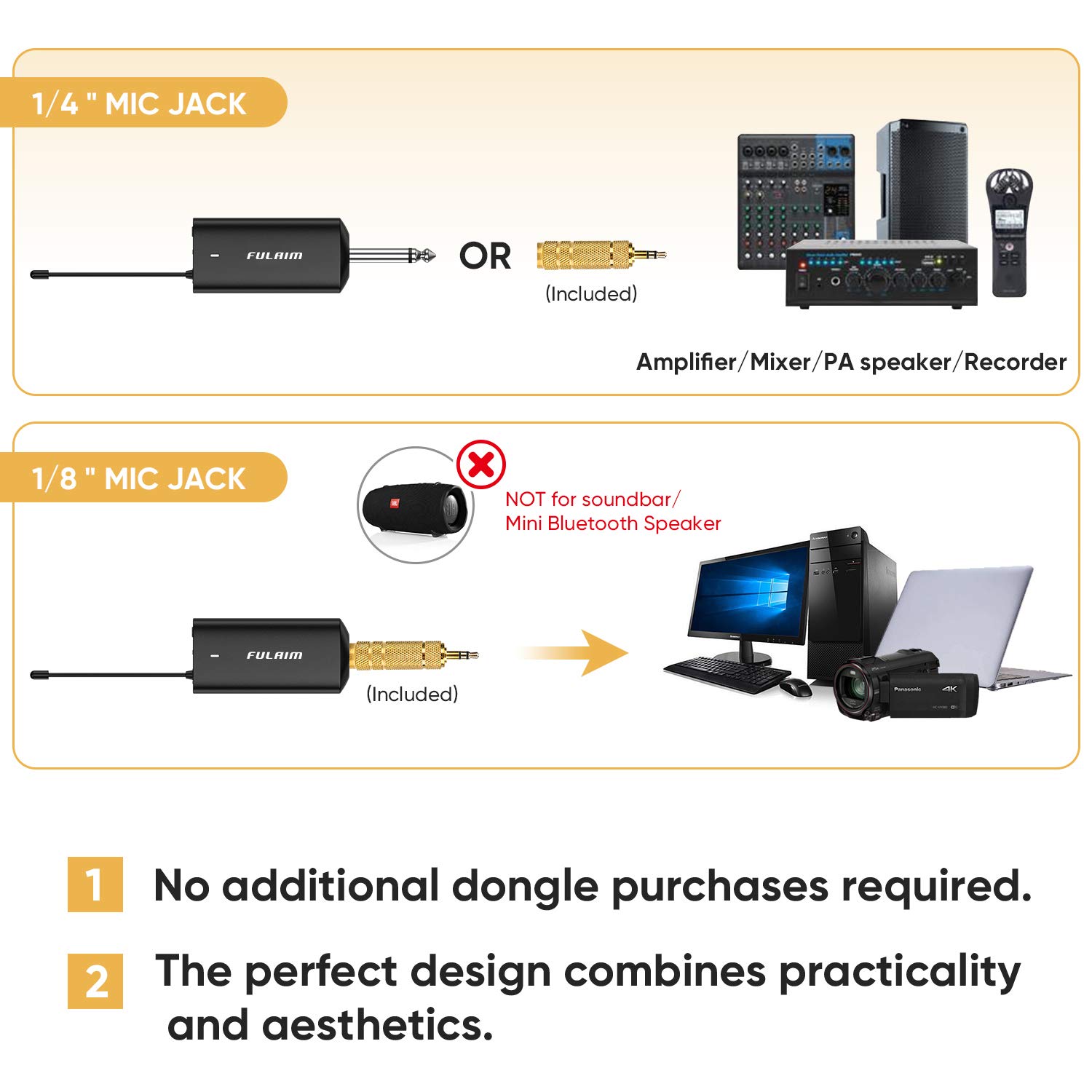 FULAIM WM300 UHF Wireless Headset Microphone System with Rechargeable Bodypack Transmitter & Mini Receiver 1/4" Output Works with Amplifier/Mixer/PA Speaker, Suitable for Live Performances