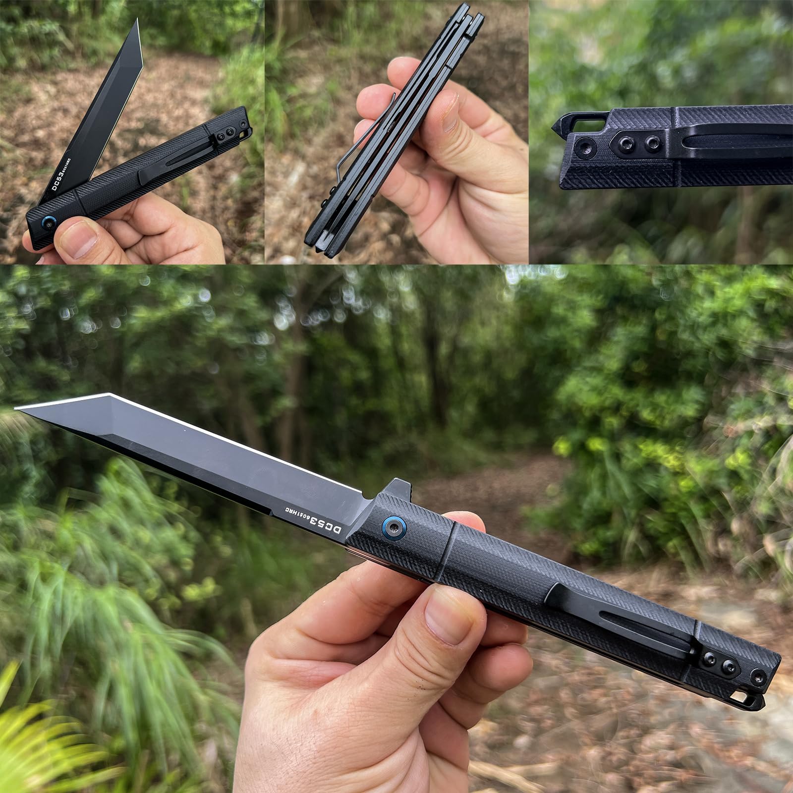 FORESAIL Flipper Pocket Folding Knife,DC53 Steel Blade and G10 Handle. With pocket clip and glass breaker,men's pocket knife hiking trip EDC tool Knife (Black PVD Blade)