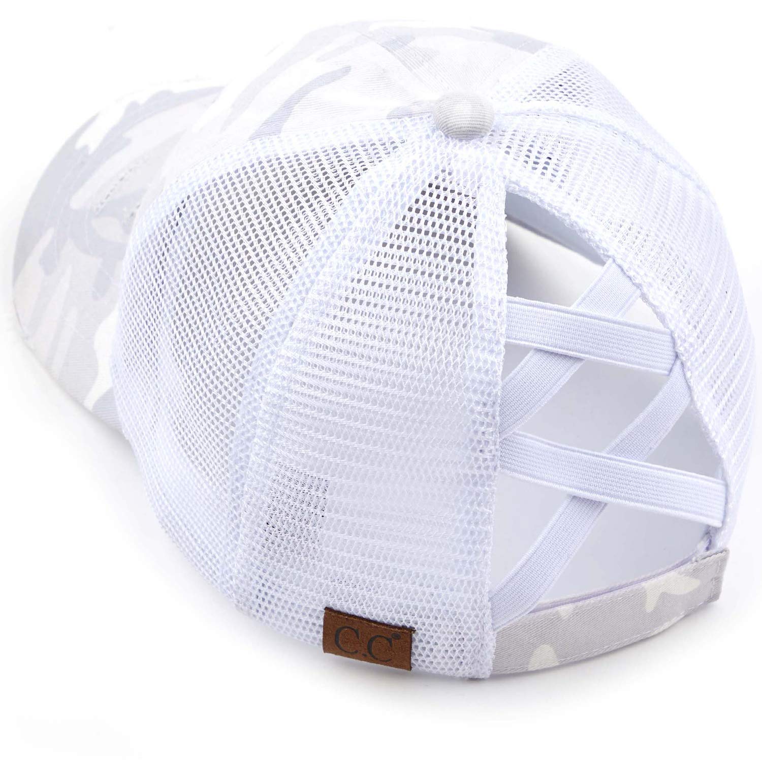 Funky Junque Criss Cross Hat Womens Baseball Cap Distressed Ponytail Messy Bun Trucker Ponycap (Camo White)