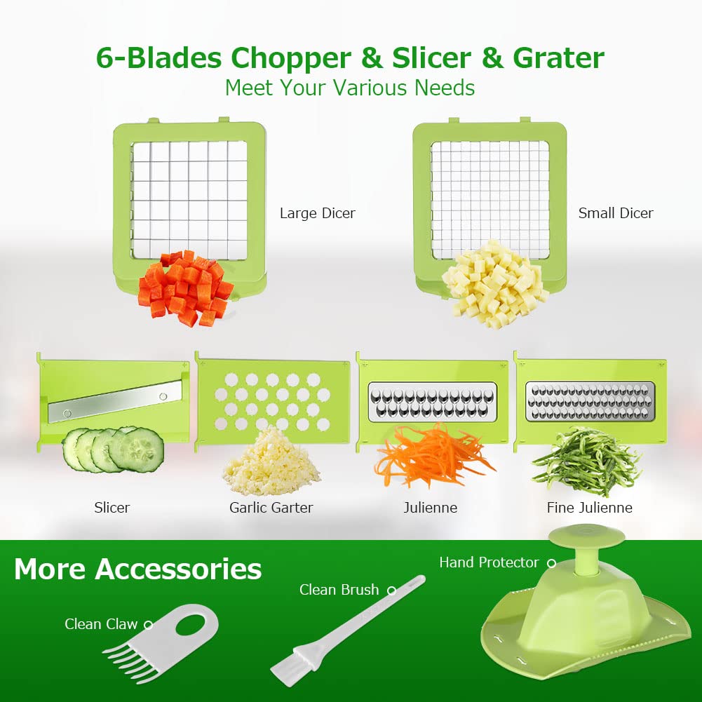 Food Dicer, Vegetable Chopper 6 Blades, Mandoline Slicer for Kitchen, Onion Chopper Dicer, Kitchen Chopper Mandolin Slicer, Fruit and Veggie Chopper with Container Vegetable Cutter Green