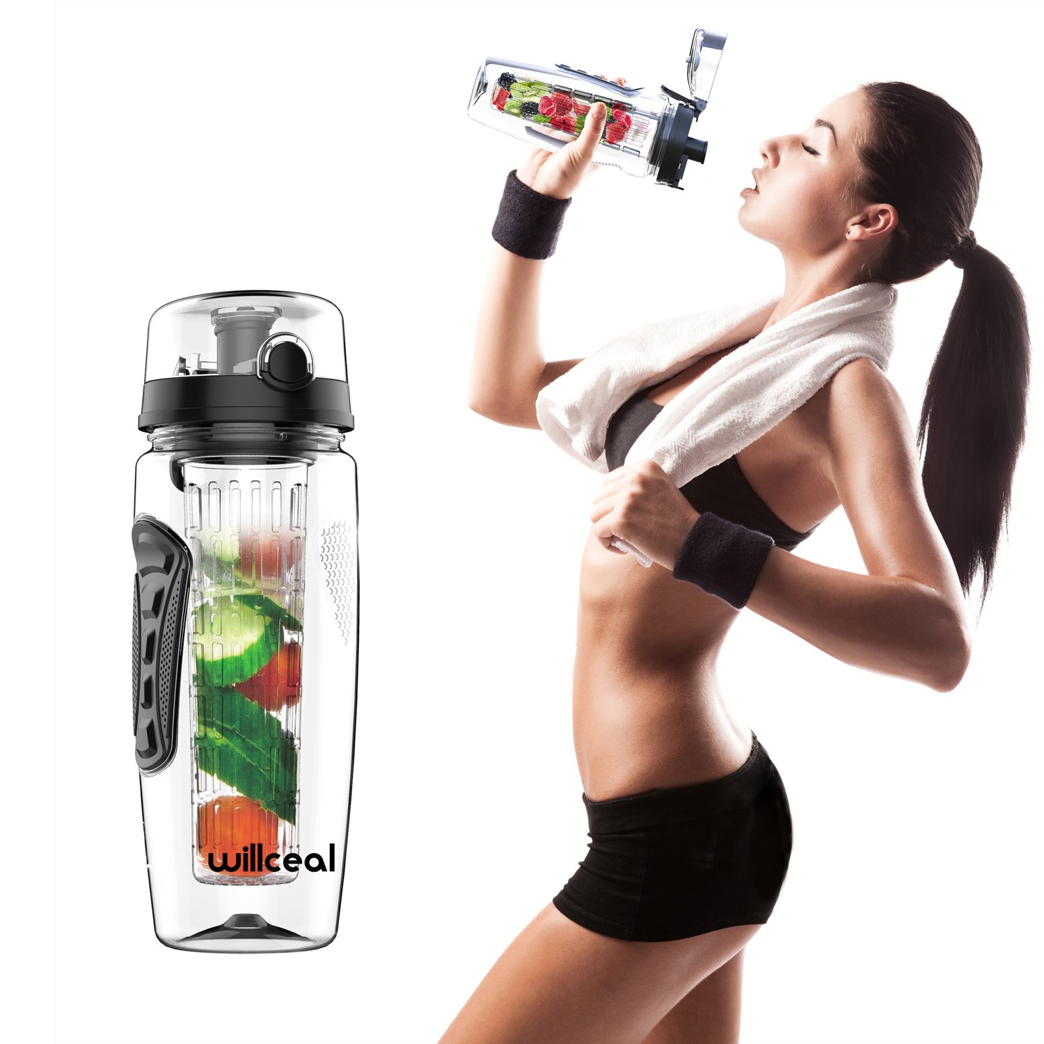 Fruit Infuser Water Bottle 32oz Willceal- Durable, Large - BPA Free Tritan, Flip Lid, Leak Proof Design - Sports, Camping (Dark Red)