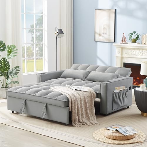 FULife Convertible Loveseat Sofa Futon Couch Sleeper Pullout Chaise Lounge Recliner Chair Reversible Folding Daybed Guest Bed, Gray 63.78" w