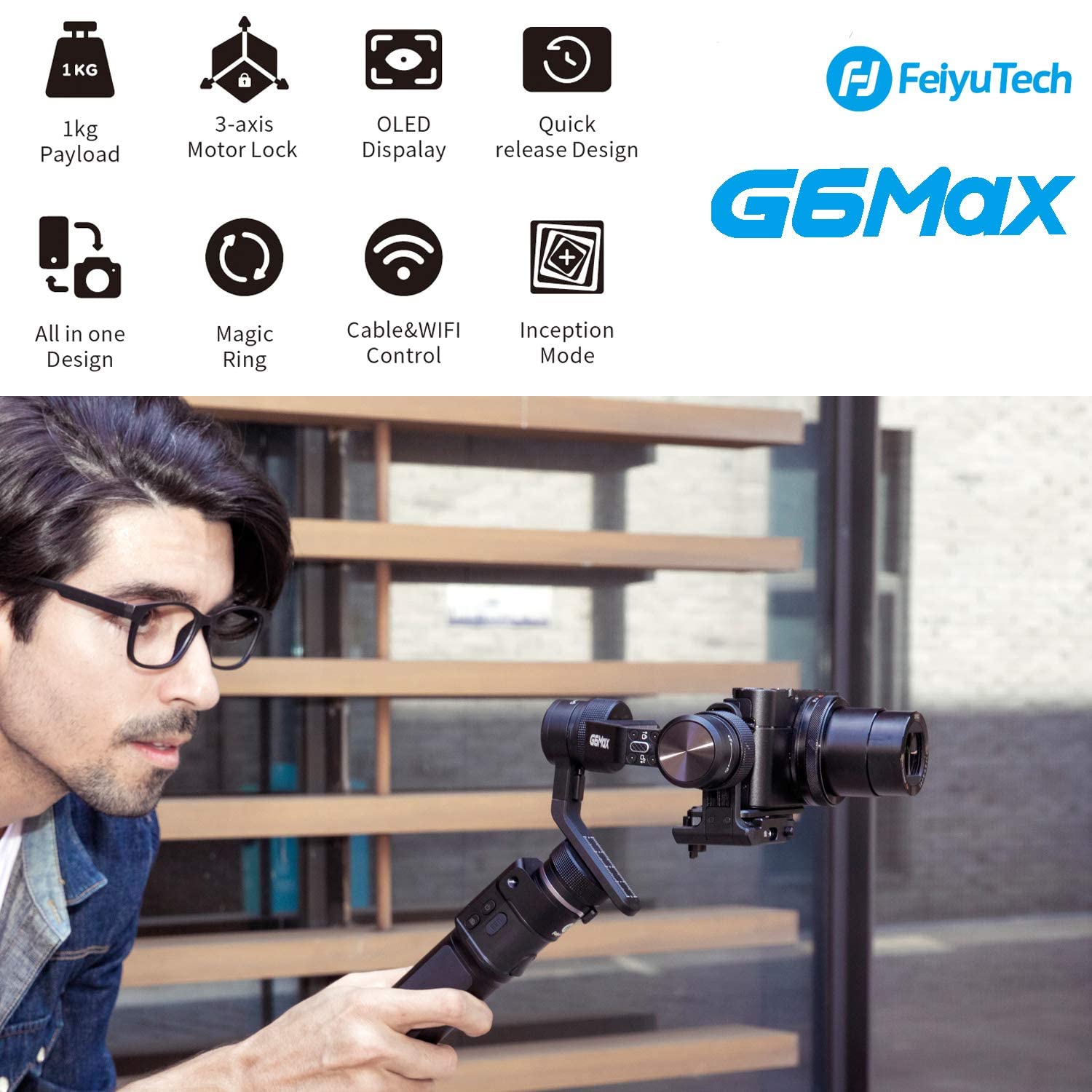 FeiyuTech G6 Max 3-Axis Camera Gimbal Stabilizer for Small Mirrorless/Pocket/Action Camera/Smartphone for Sony a6300/a6500 α7SII RX100 Gopro 9/8/7/6/5 iPhone 12 Samsung S10+, 2.65lb Payload