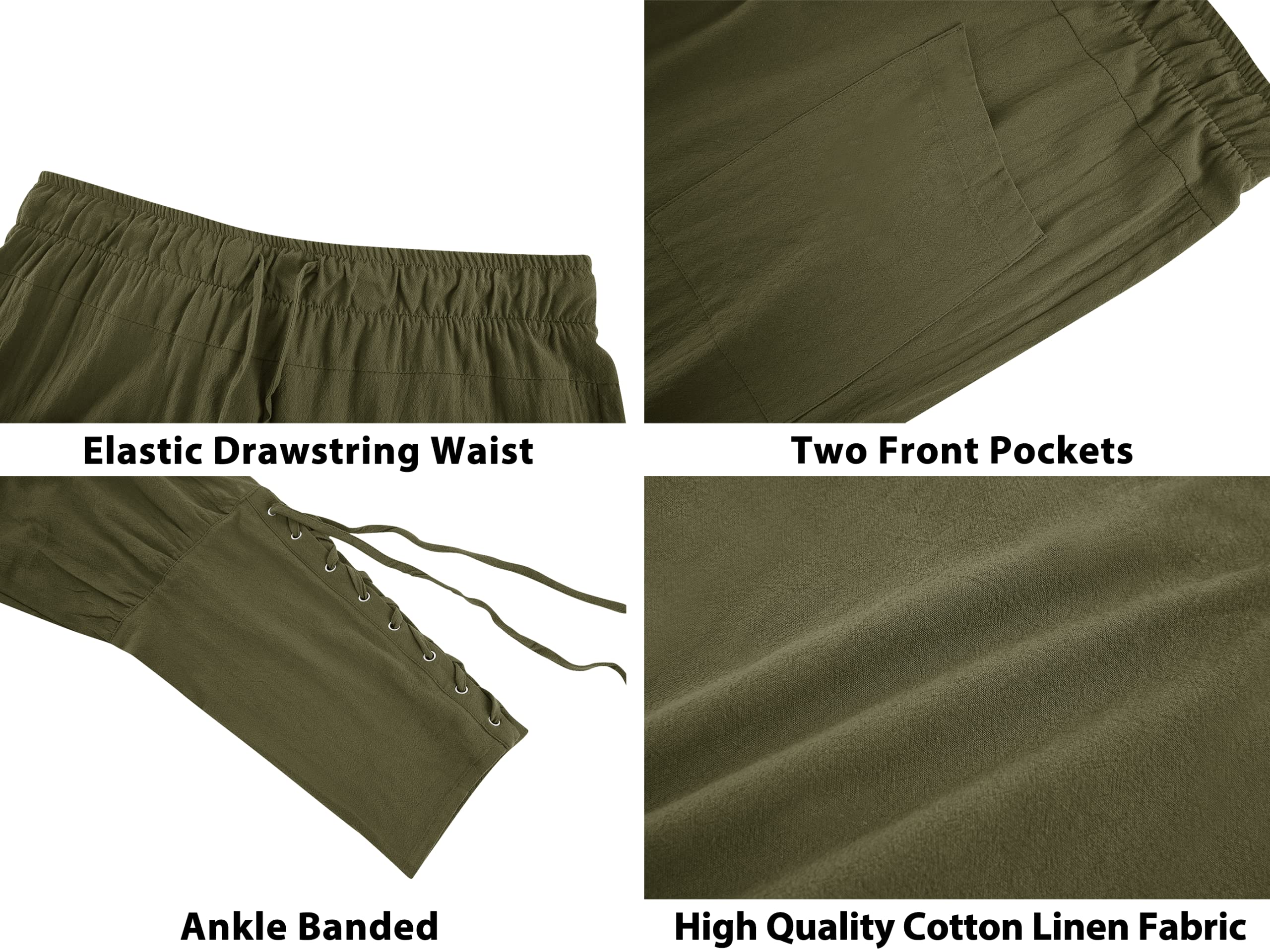 Gafeng Mens Linen Pirate Pants Ankle Banded Drawstring Elastic Waist Casual Loose Fit Trousers Costume with Pockets Army Green