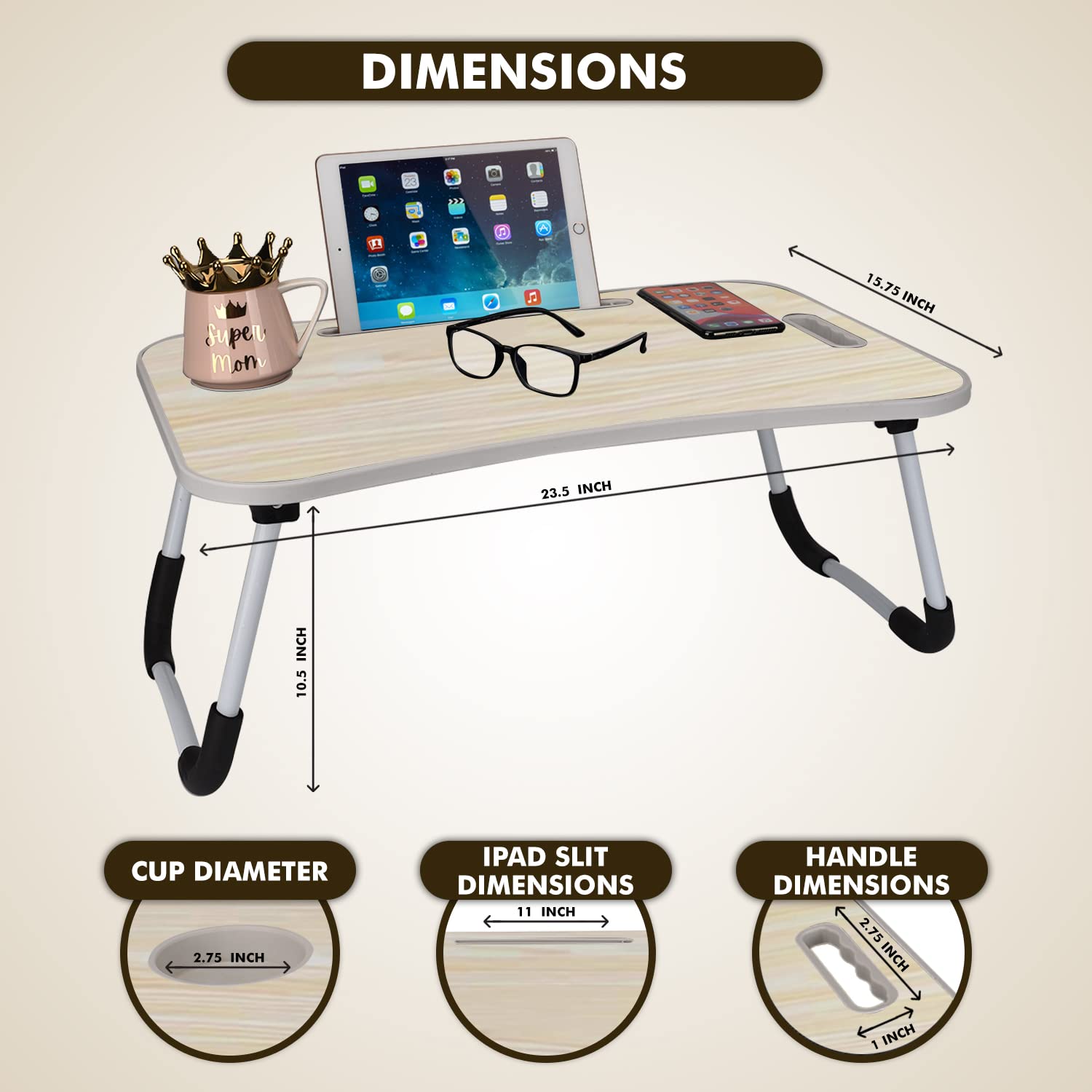 Folding Lap Desk for Bed and Sofa - Portable Wide Surface Bed Desk with Built-in Cup Holder and Tablet or Phone Slot for Working, Studying, Eating, and Watching Movies (Beige)