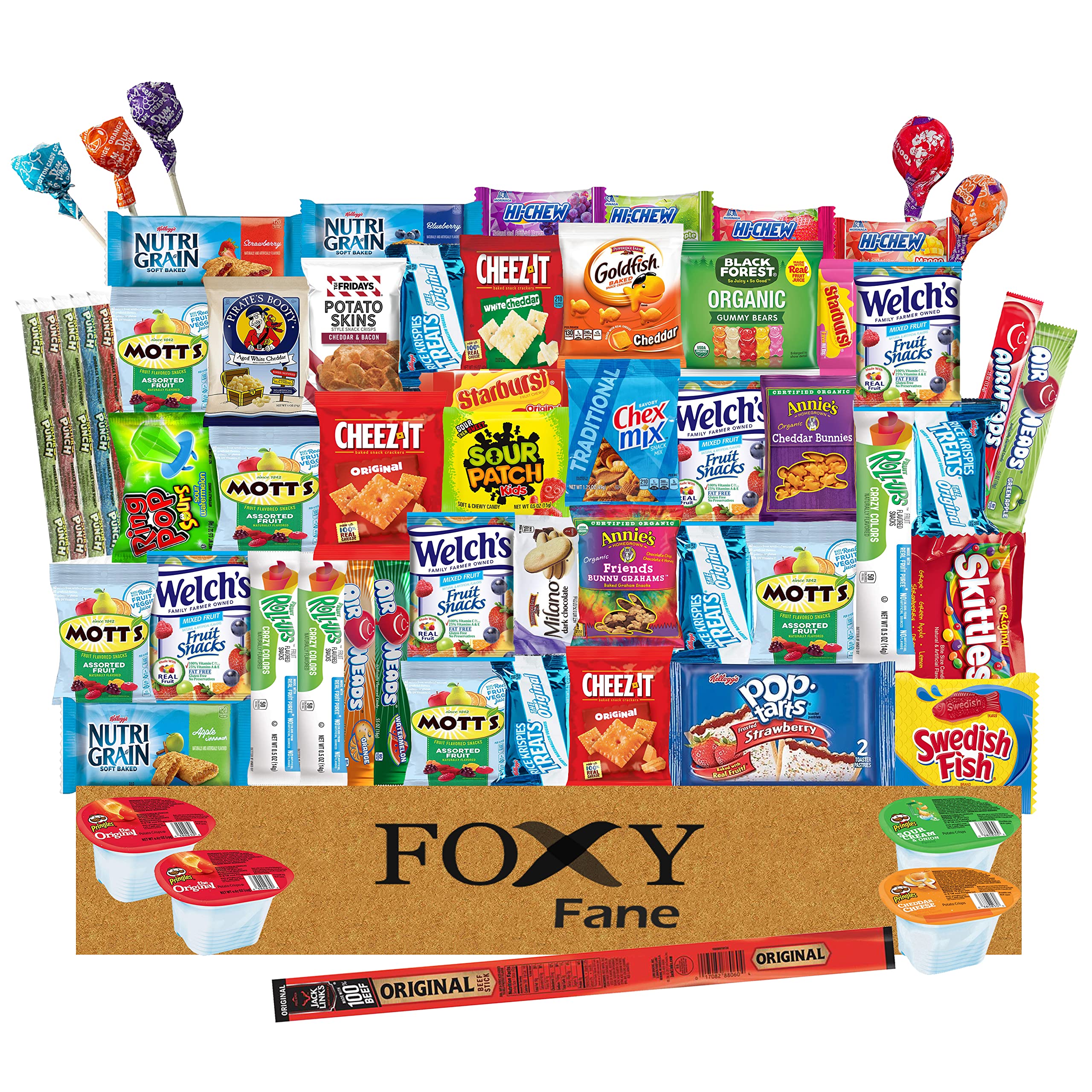 Foxy Fane 60 count Ultimate Holiday Gift Snack Box - Care Package with Assortment of Chips, Cookies, Candy, Crackers & other Snacks - Bulk Bundle of Delicious Treats (60 Snacks - Assorted Pack)