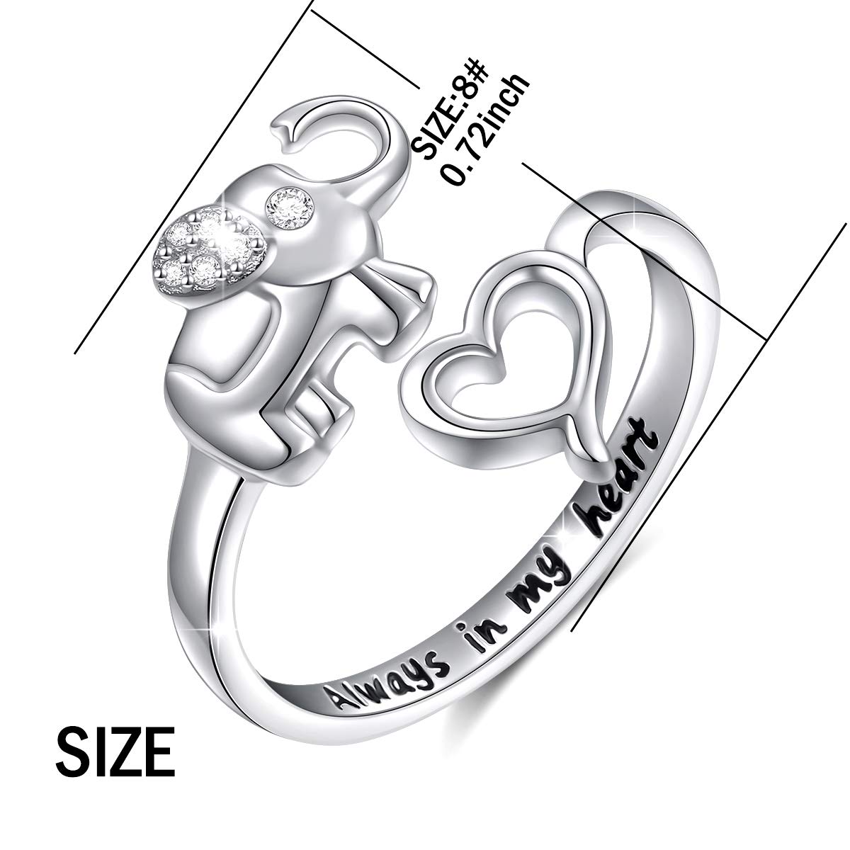 FLYOW Elephant Ring Sterling Silver Engraved Always in My Heart Lucky Elephant Adjustable Wrap Open Ring for Women, Size 7