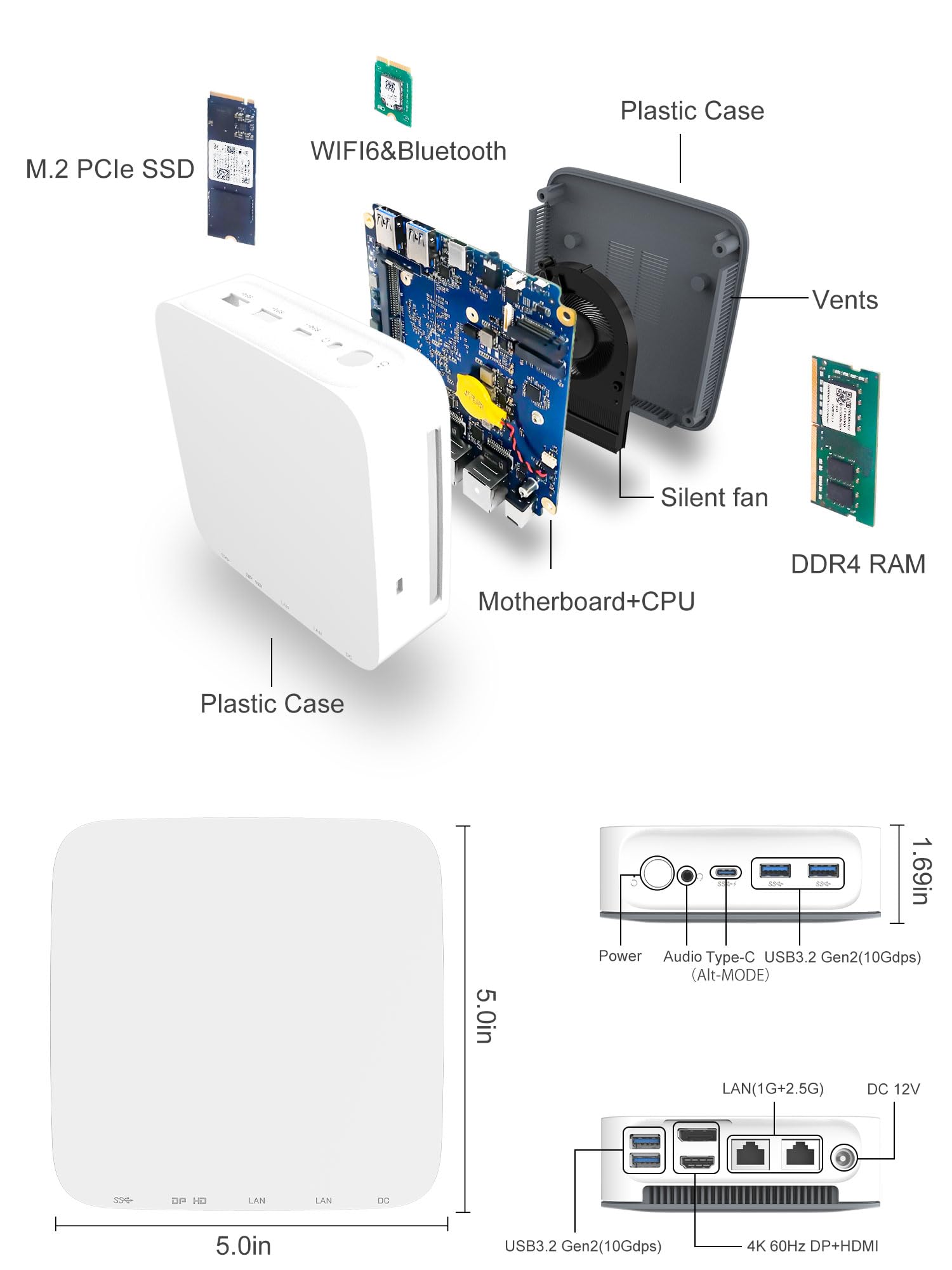 FEVM Mini Pc FN305 Mini Desktop Computer 12th Intel I3-N305(3.8GHz 18W TDP) 4K@60Hz 3 Display, ALT Mode USB-C Port, Dual Nic(2.5G+1G), Windows 11 Pro, 16GB RAM+512GB NVME SSD, AX201 WIFI6,BT5.2