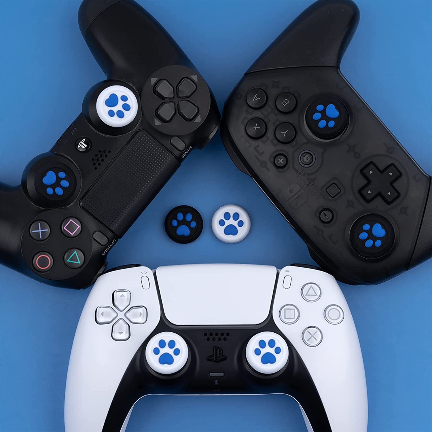 GeekShare Cat Paw Playstation 4 Controller Thumb Grips, Thumbsticks Cover Set Compatible with Switch Pro Controller and PS4 PS5 Controller, 4 Pcs - Black and Blue