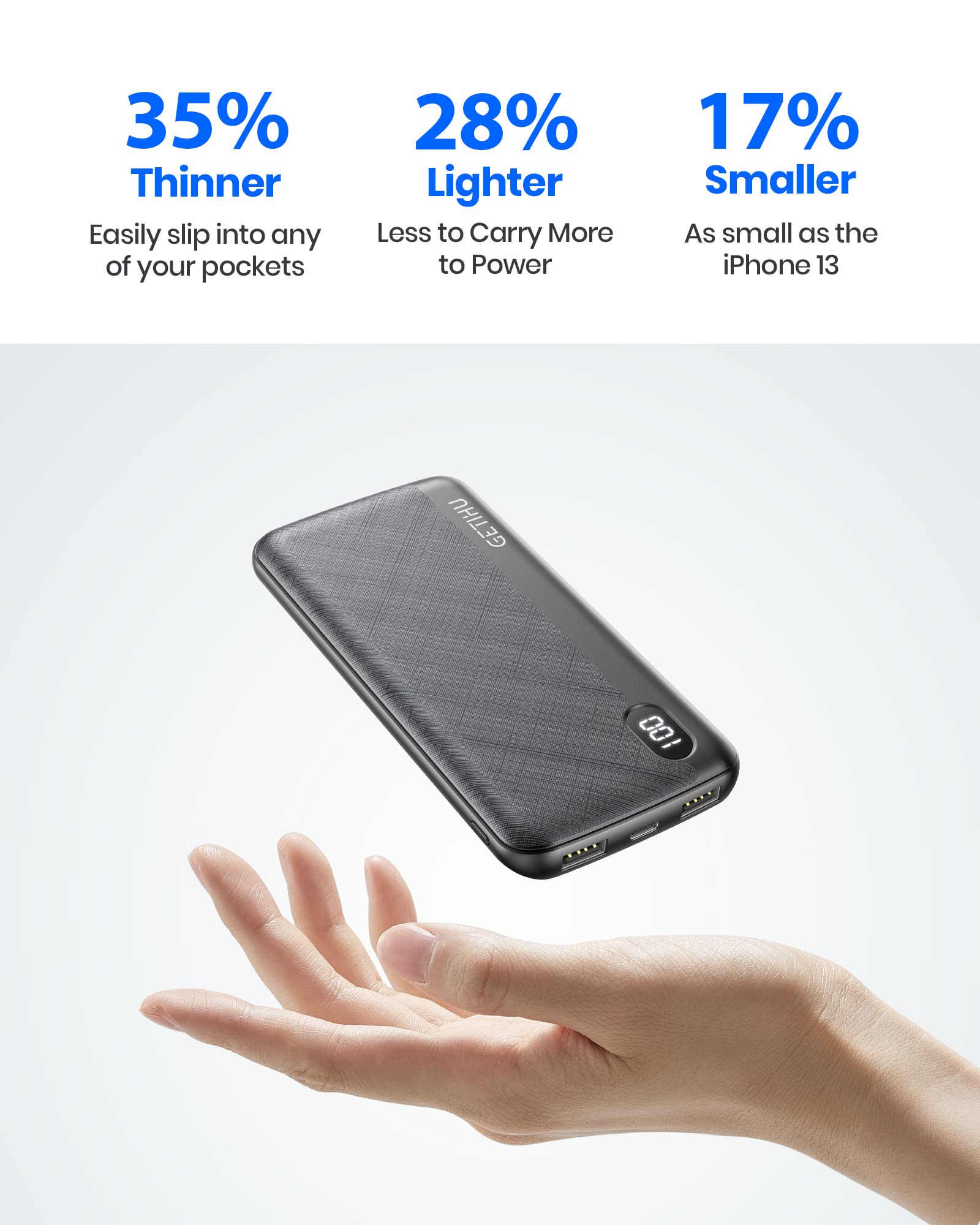 GETIHU Portable Charger, 2-Pack Slimmest 10000mAh USB C Triple 2.4A High-Speed LED Display Power Bank, External Battery Pack Compatible with iPhone 14 13 12 Pro X Samsung S22 Google LG iPad Tablet etc