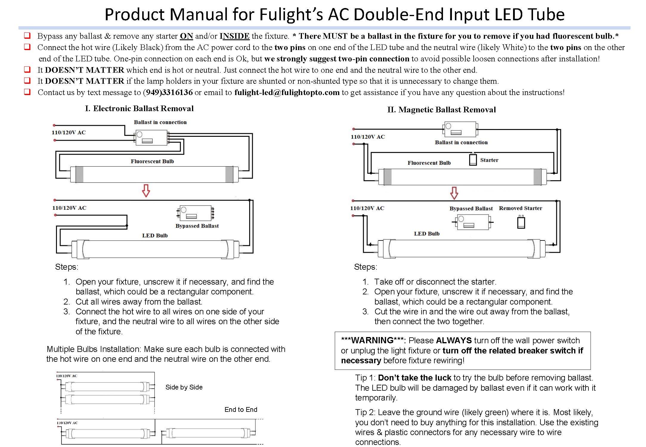 Fulight Type B & Rotatable LED F14T8 Tube Light-15-Inch 7W (14W Equivalent), Daylight 6000K, Double-End Powered, Frosted Cover, Works from 85-265VAC (Not a Plug-and-Play)