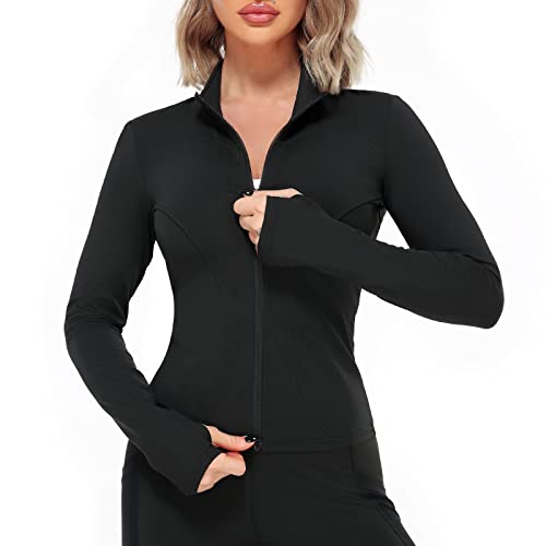 FITTOO Women's Slim Long Sleeves Running Shirts UPF 50+ Full Zip Athletic Jackets with Thumb Holes Black L