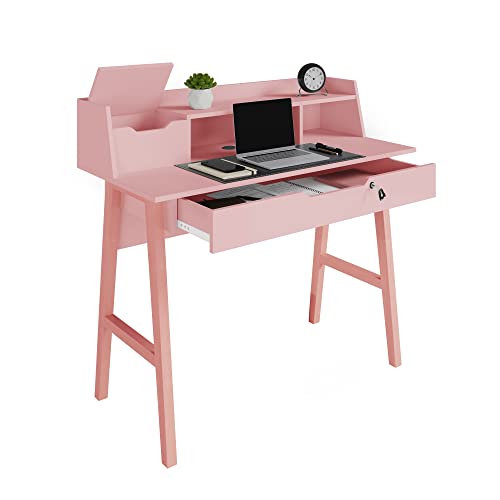 Roma Writing Desk - Elegant Wood Study Desk With Storage, Cable Holes & Drawers - Work Table for Home, Office, Dorm, Small Spaces - Compact Black Desk, 40x19x36.9β (pink)