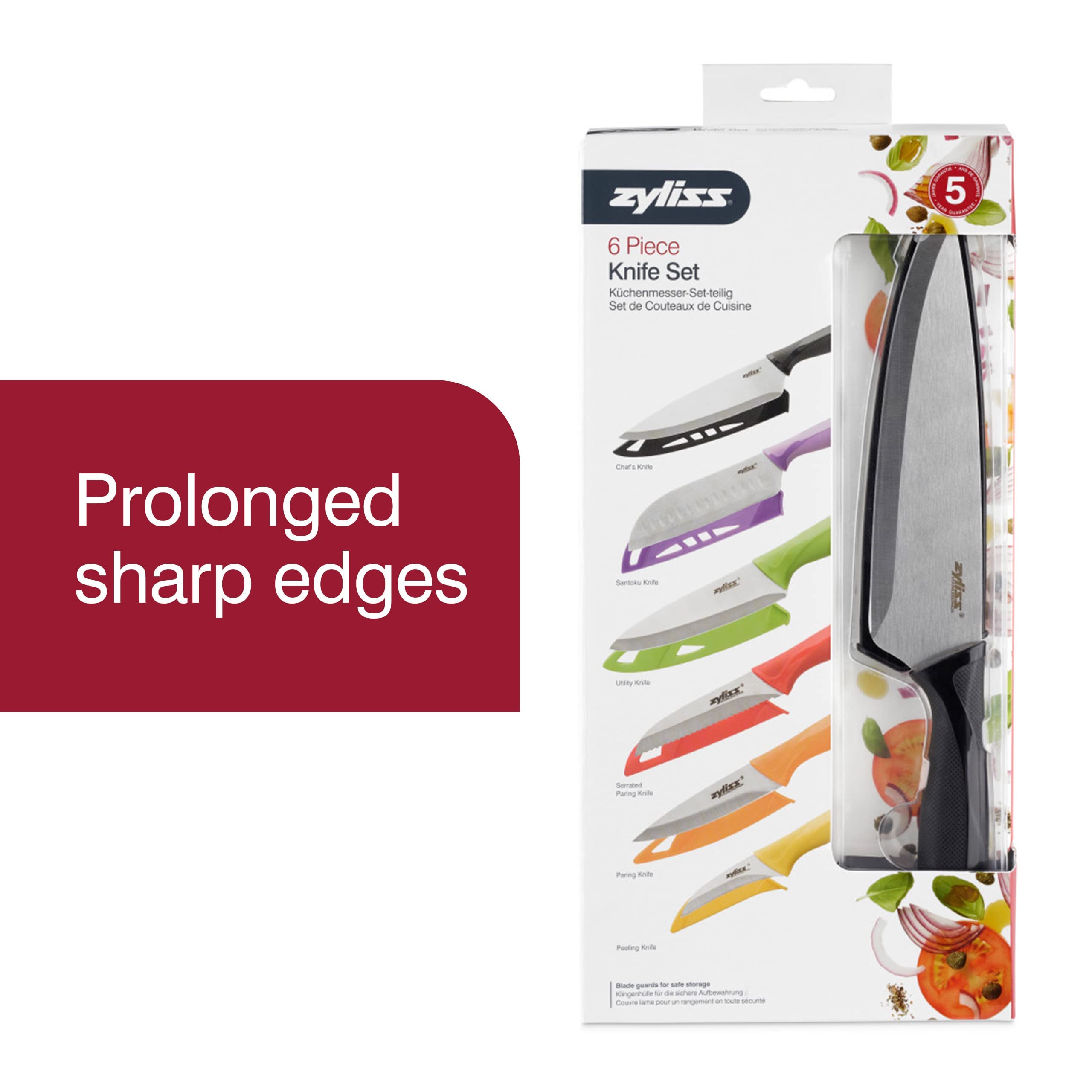 Zyliss 6 Piece Knife Value Set - Gifts for Cooks - Culinary Chef Gift - Kitchen Knife Set with Sheath Covers - Chef's, Santoku, Utility, Serrated Paring, Paring & Peeling Knives - Stainless Steel