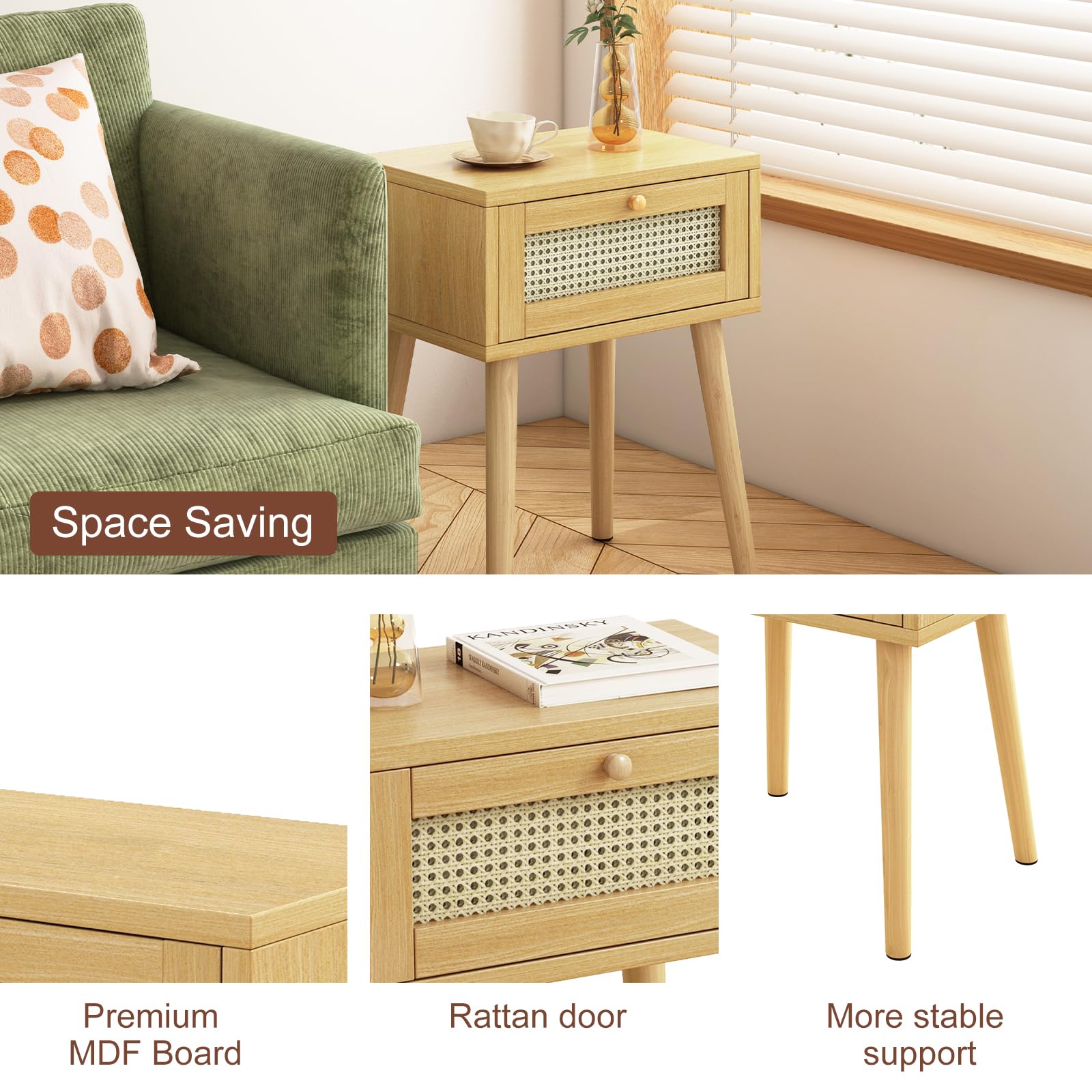 Fixwal Nightstand Set of 2, Small Mid-Century End Table with Rattan Door, Rattan-Like Bedside Table with Storage Space, Boho Side Table for Bedroom, Living room, Natural