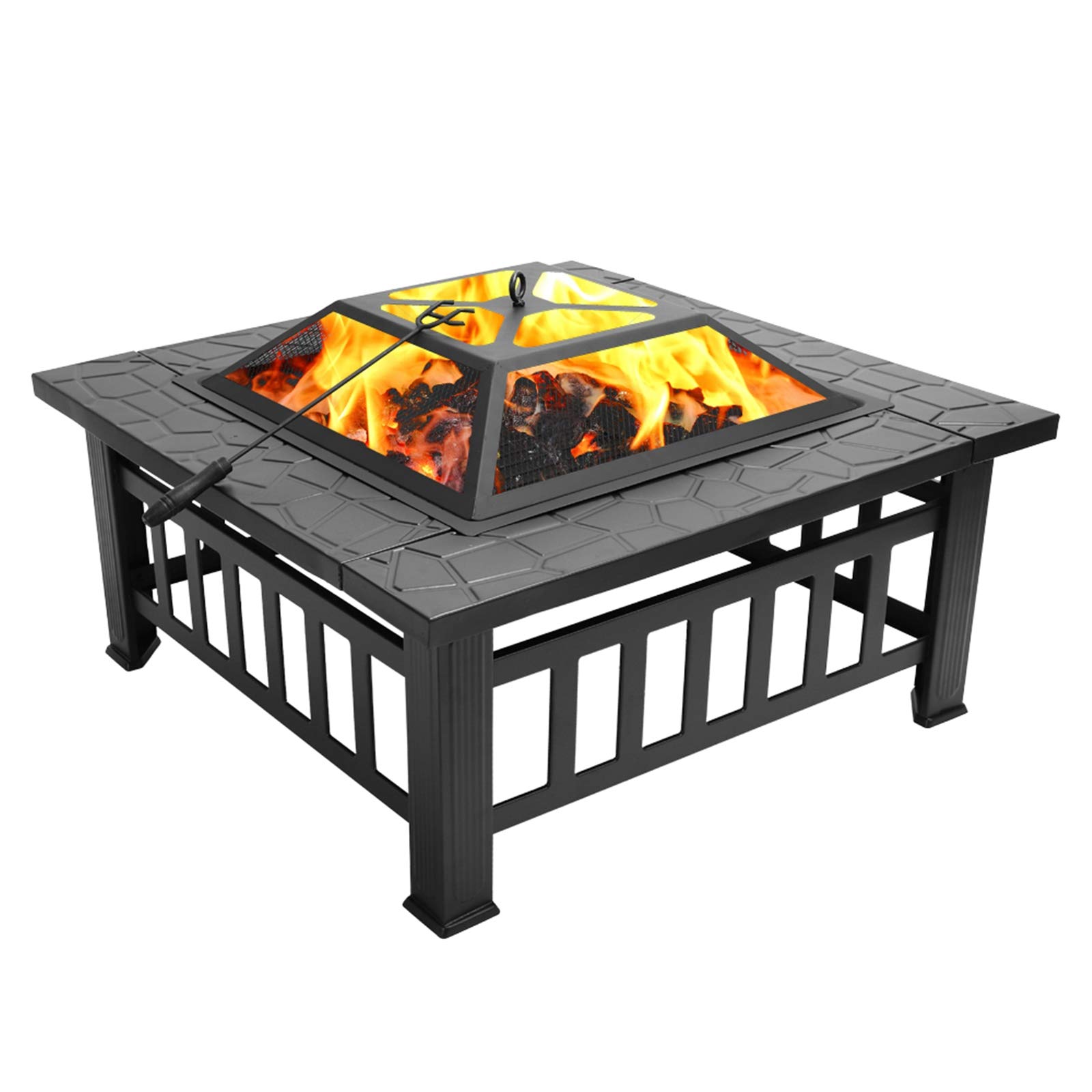Fire Pit 32'' Wood Burning Firepit Metal Square Outdoor Fire Tables SteelFire Pit Bowl with Spark Screen Cover, Poker Log Grate for Patio Bonfire Camping Backyard Garden Picnic