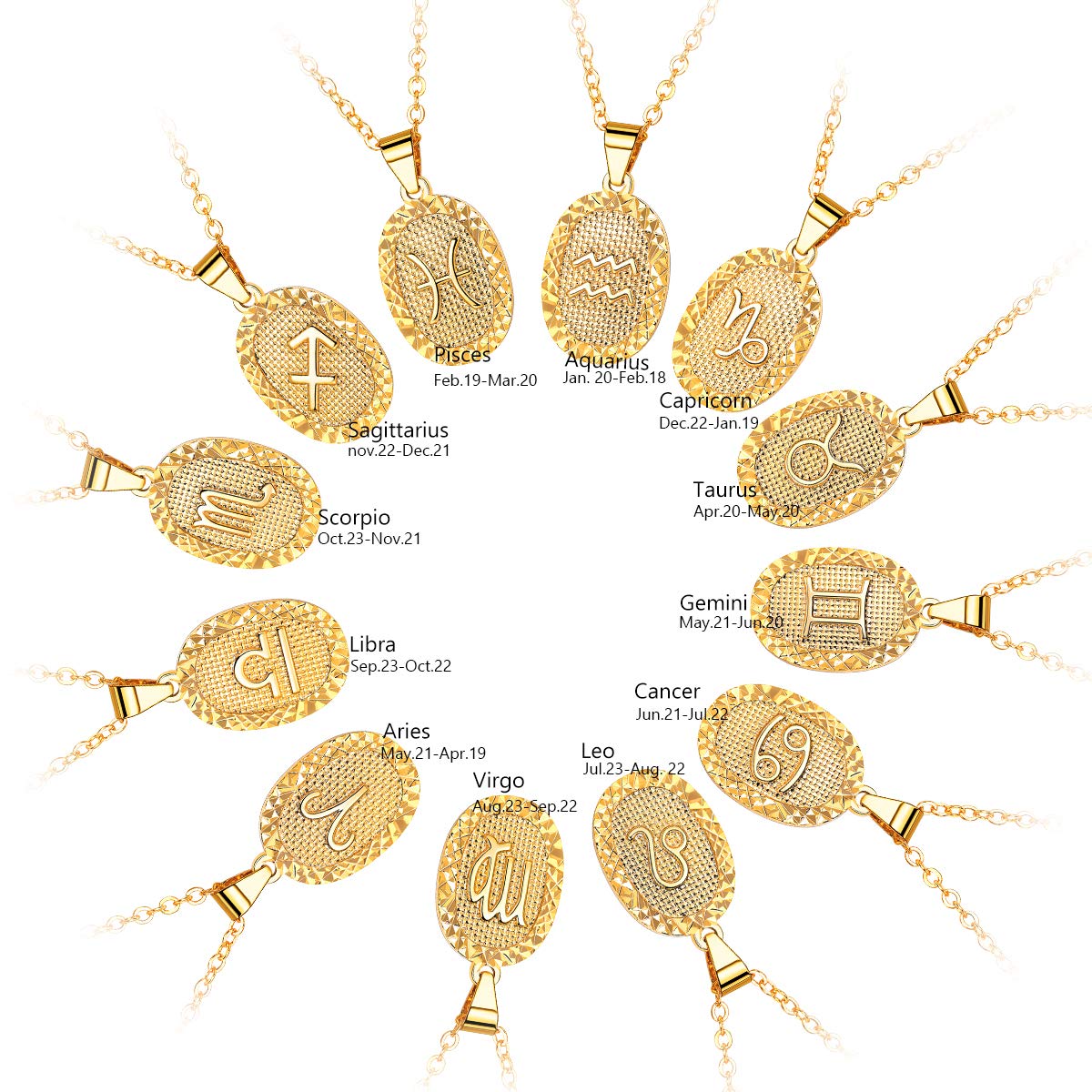 FOCALOOK Custom Aries Gold Necklace for Women Oval Shaped Carved Medallion Constellation Zodiac Sign Jewelry 20-22"