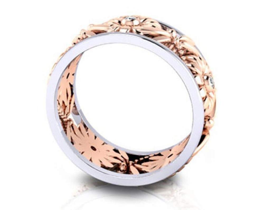 FLYYQMIAO Silver rings Women's Elegant Sunflower Dragonfly Hollow Finger Ring Band Jewelry Cubic Zirconia Ring with Side Stone Copper Leaf Eternity Band (7)