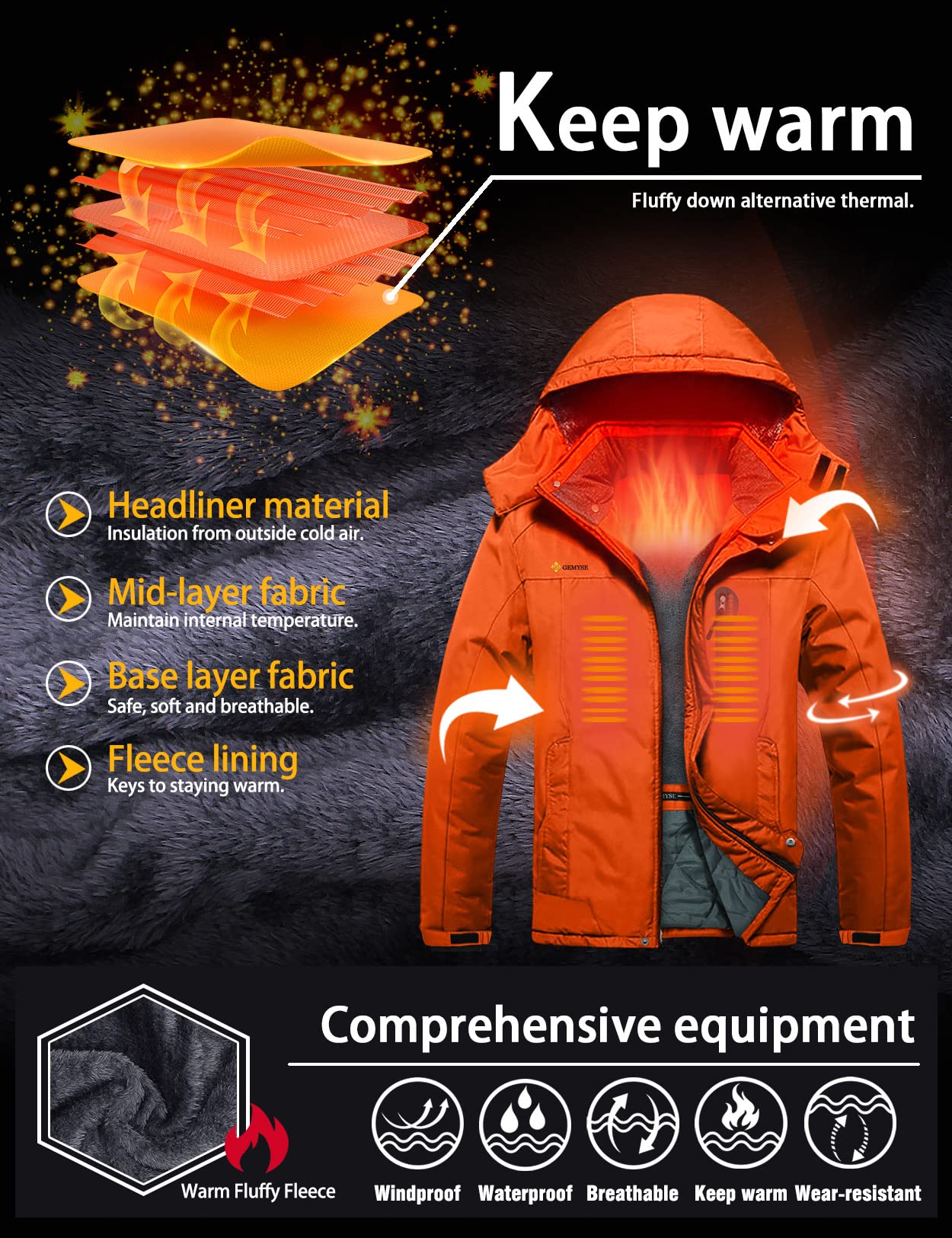 GEMYSE Men's Mountain Waterproof Ski Snow Jacket Winter Windproof Rain Jacket (Orange,Medium)
