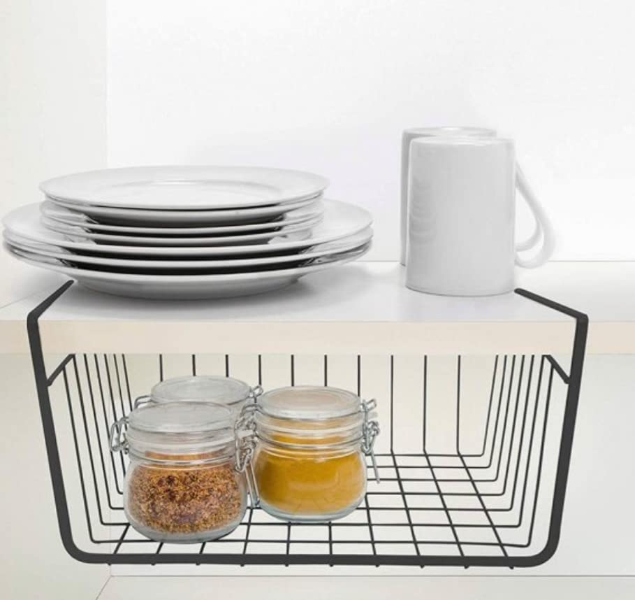 RoomForLife - 2 Pack Under Shelf Organization Baskets - Color Black - Slips on any Shelf/Cabinet - Kitchen Closet Laundry More