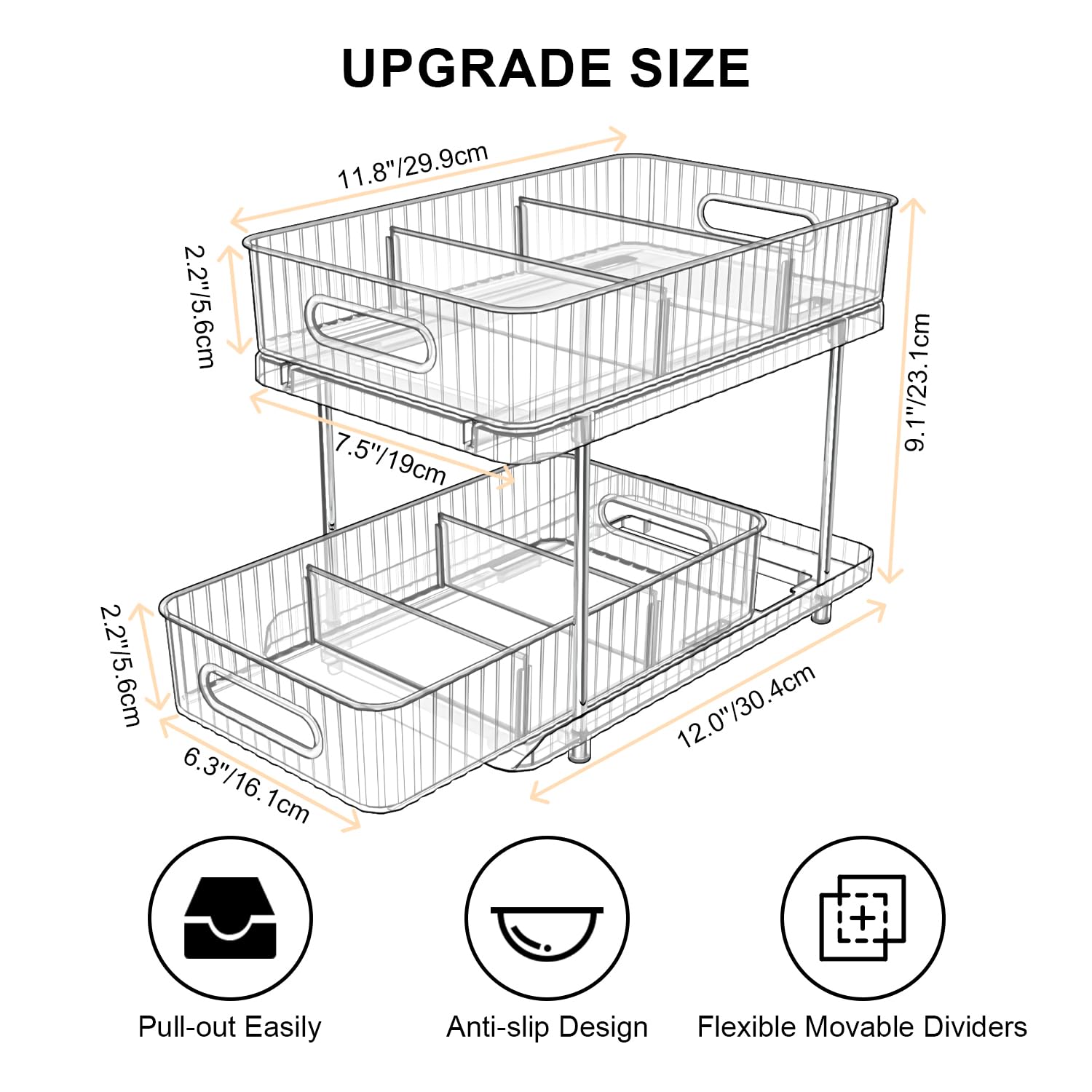 Fowooyeen Bathroom Cabinet Organizer, 2 Tier Pull Out Under Sink Organizers and Storage, Multi-Purpose Kitchen Pantry Medicine Organization and Storage Shelves Bins with Movable Dividers Grey